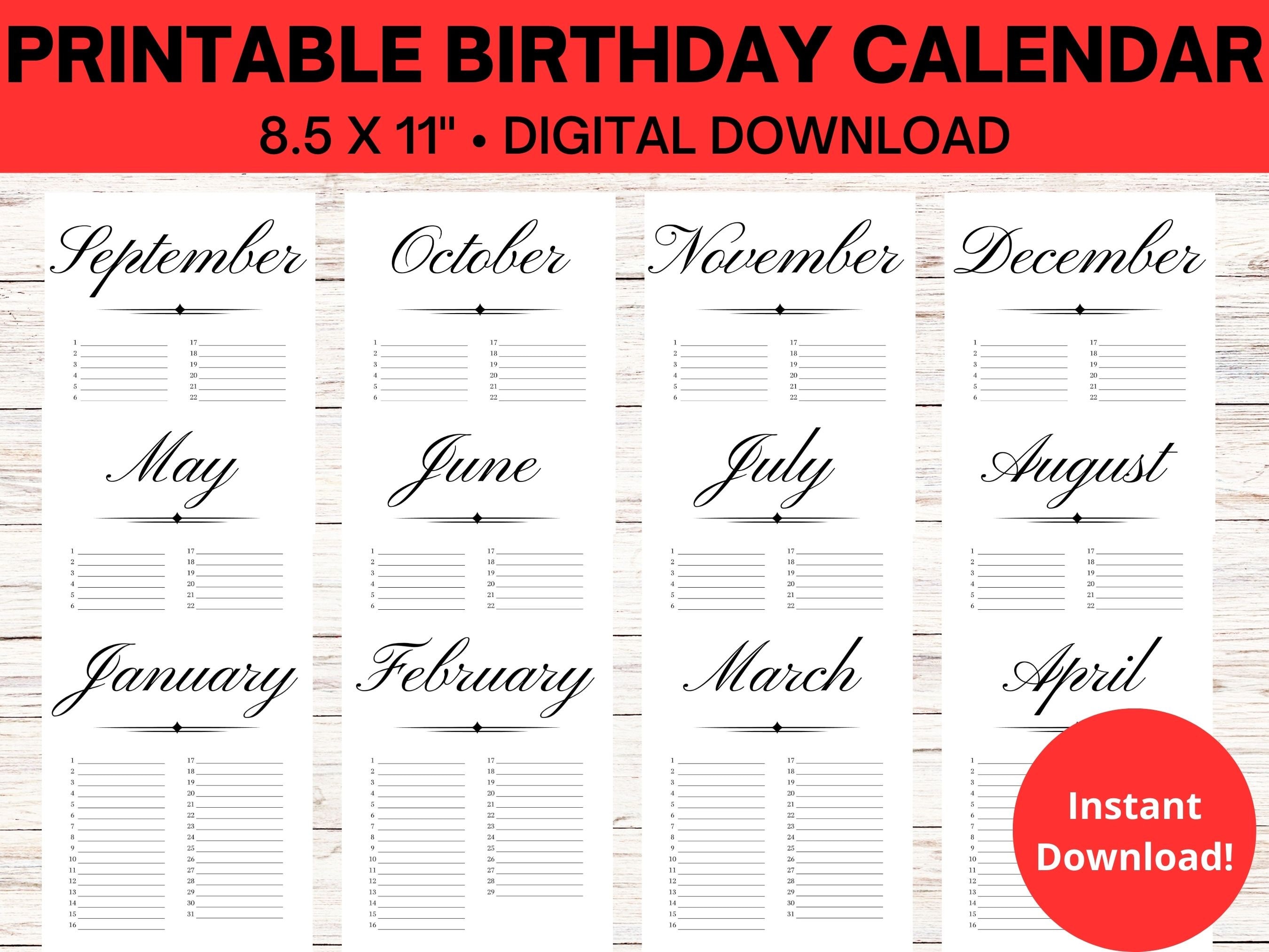 Birthday Calendar Printable, Perpetual Birthday Calendar, Birthday ...