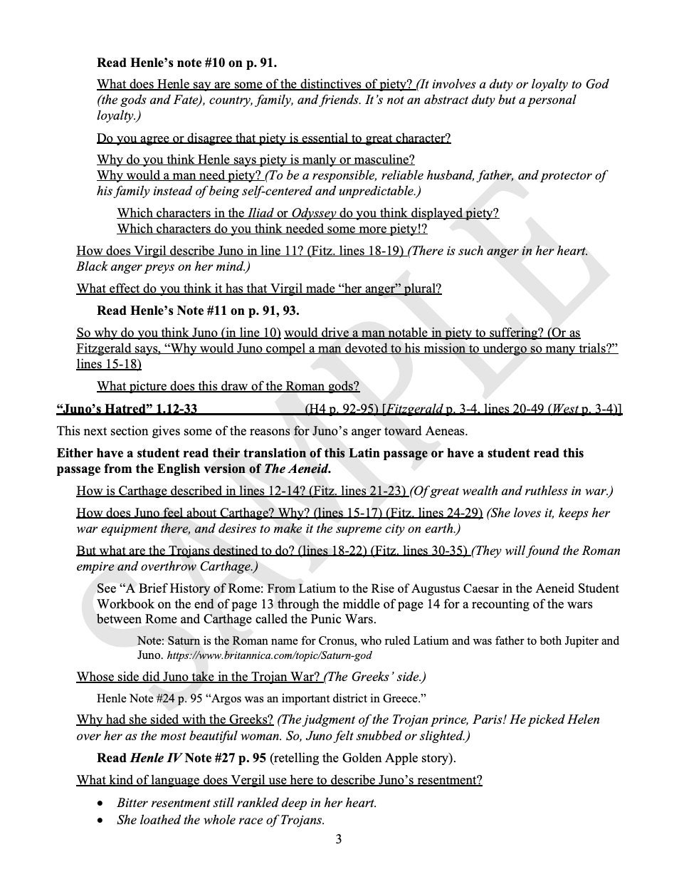 The Aeneid: Discussion Questions -- to Study Henle Fourth Year Latin ...
