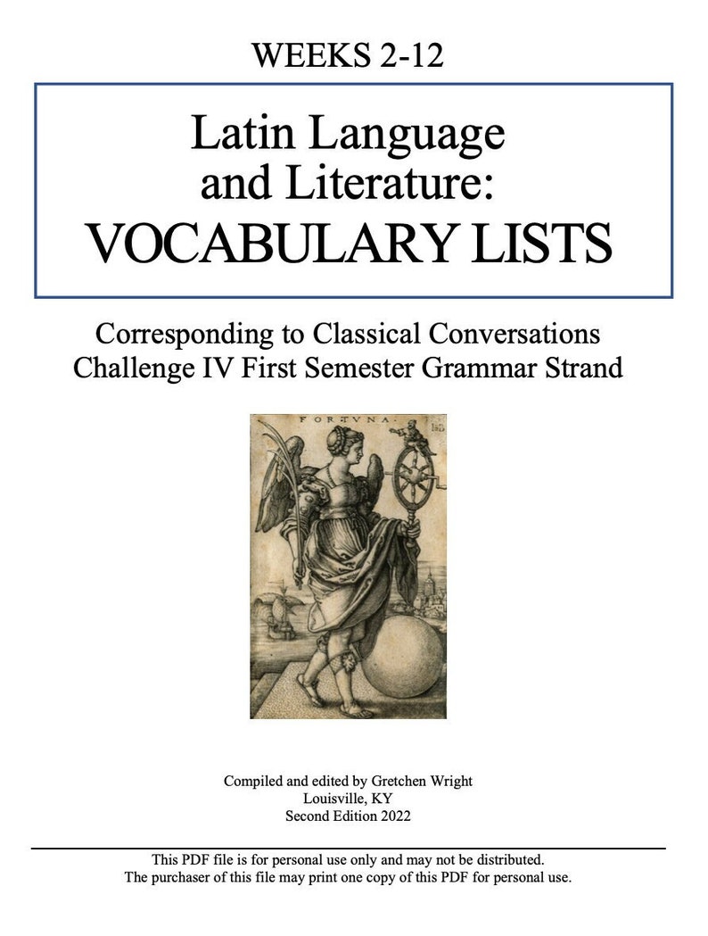 Weeks 2-12 Vocabulary Lists for Latin Language and Literature (FIRST ...