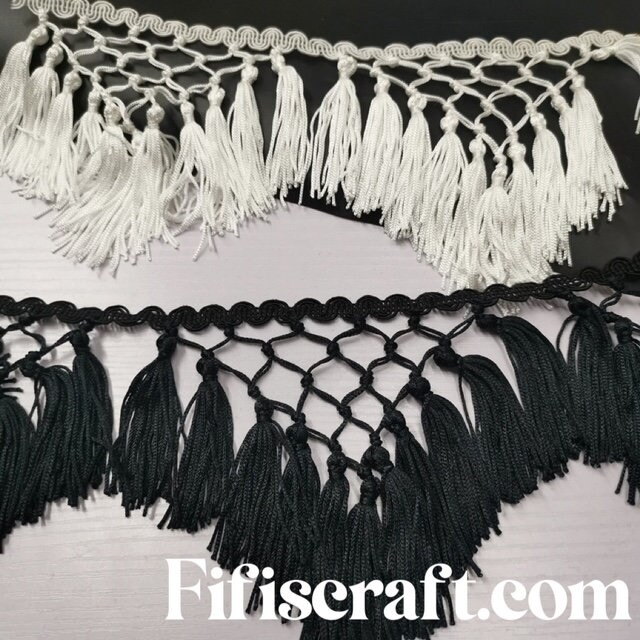 Tussle Dangling String Trim on Lace by Yards, White and Black ...