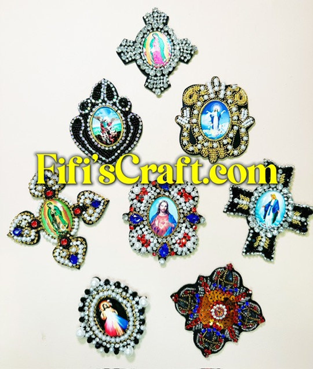 2024 New: 8 Styles of Religious Beaded Patches, Jesus Patch, Virgin Mary Rhinestone Cross Patch ...