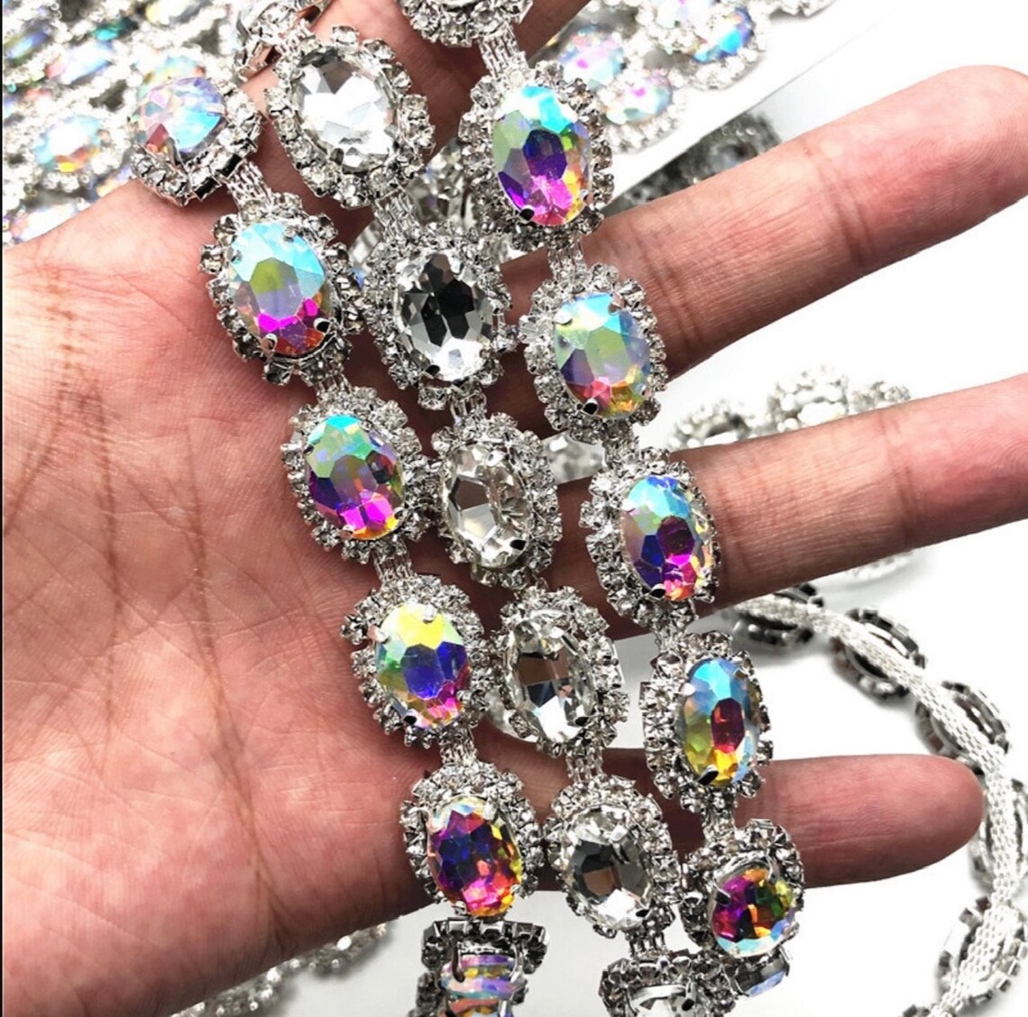 Oval Rhinestone String Trim on Mesh by Yards Crystal - Etsy