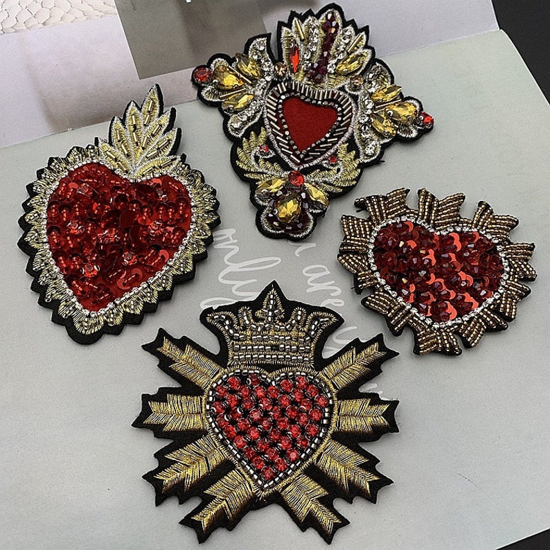 8 Styles Heart Shape Crown Embroidery and Rhinestone Patches, Glue On, Sew On, Immediate ...