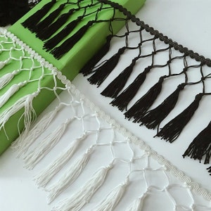 Tussle Dangling String Trim on Lace by Yards, White and Black ...