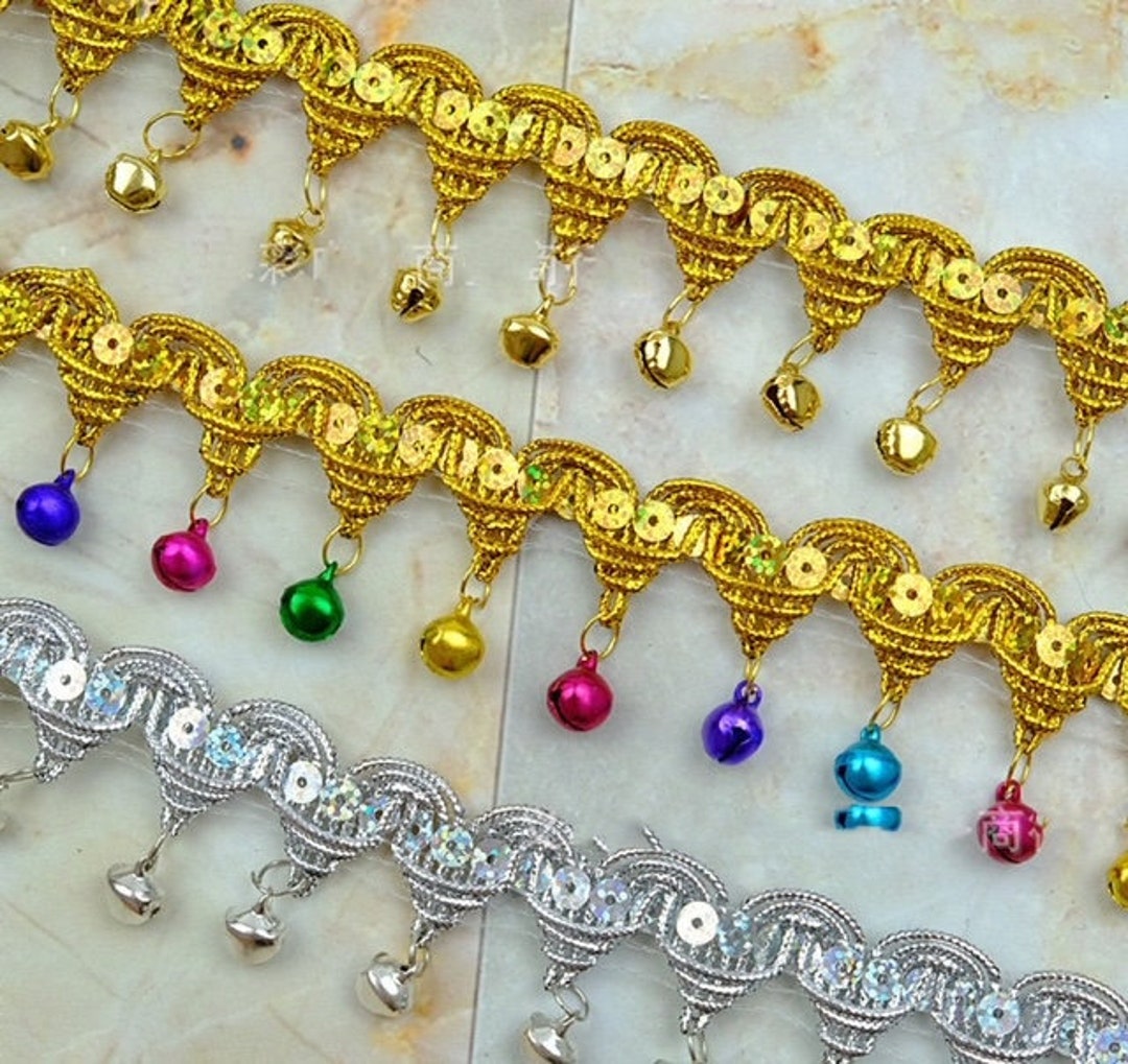 Dangling Sequin Polyester Ring Trim by Yards, in Gold and Silver Color ...