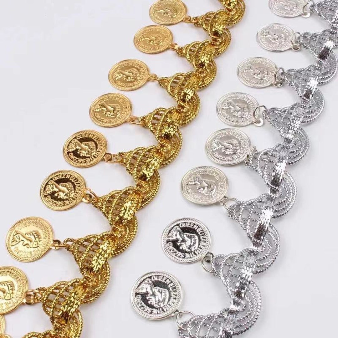Dangling Coin Polyester Trim by Yards, Queen Head Coin in Gold Sliver ...