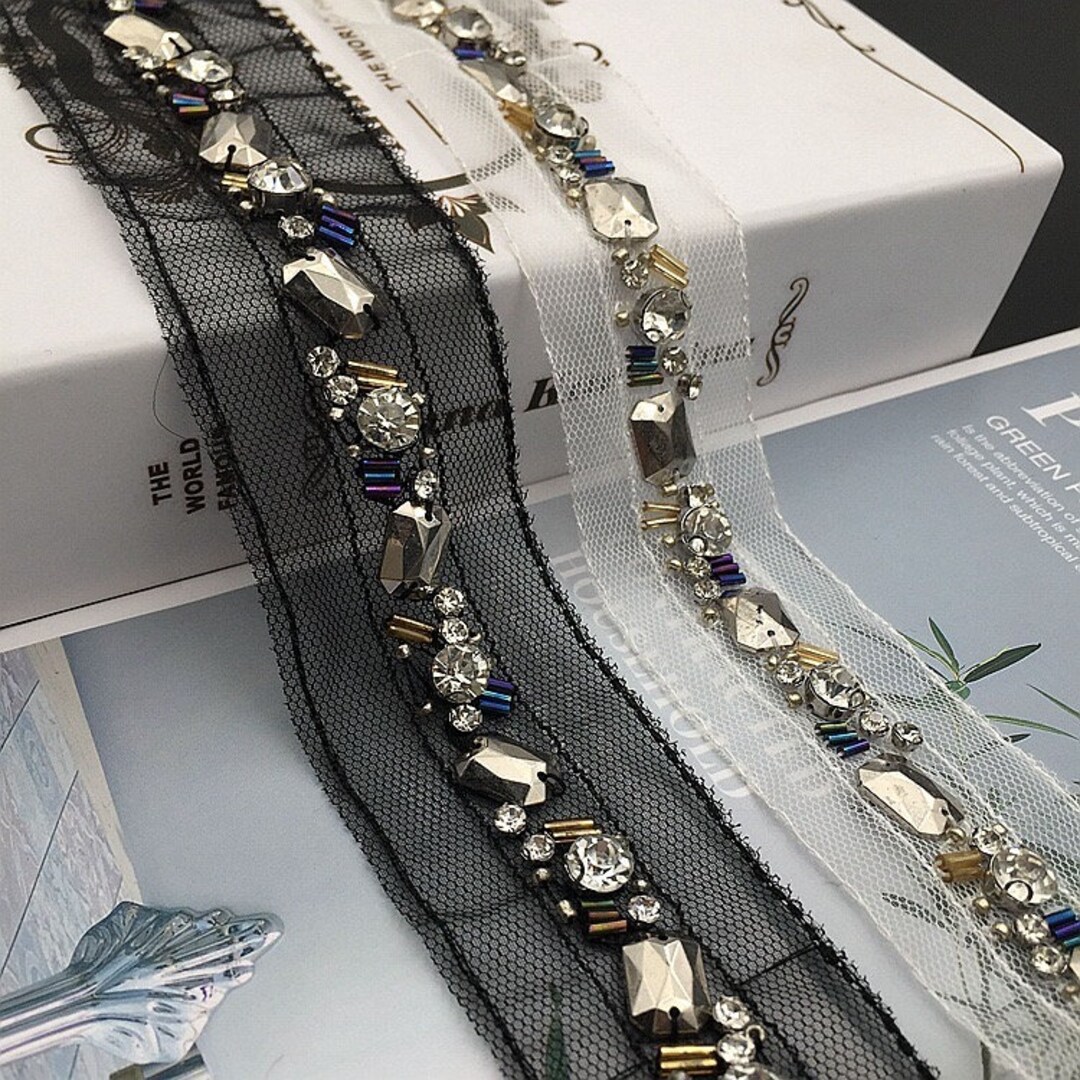 Pearl Beads Rhinestone Trim on Mesh by Yards, Metal Rhinestone Trim by ...