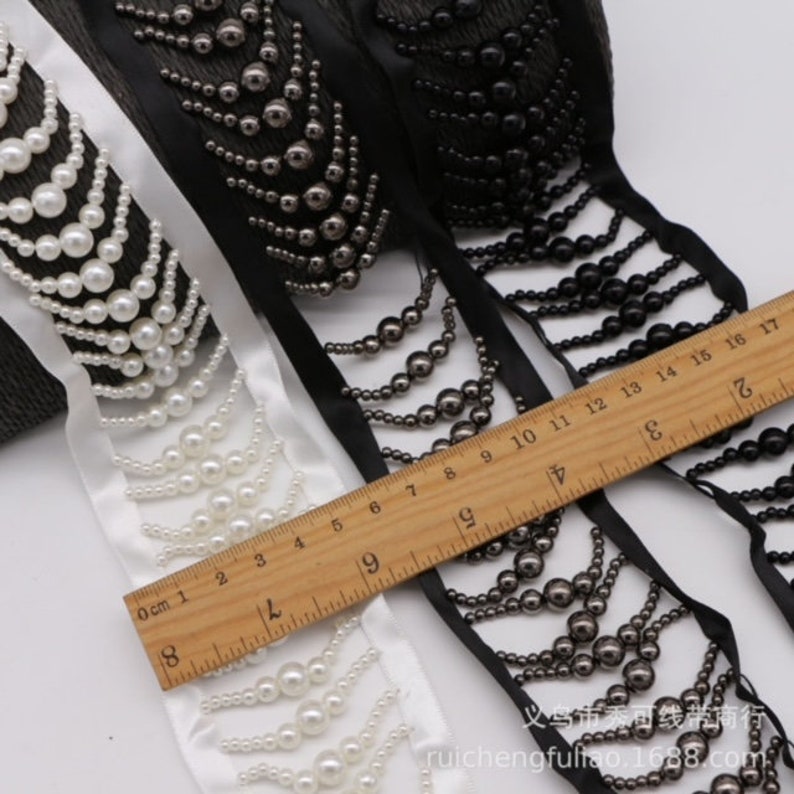 White Black Dangling Faux Pearl String Trim on Lace Edge by - Etsy