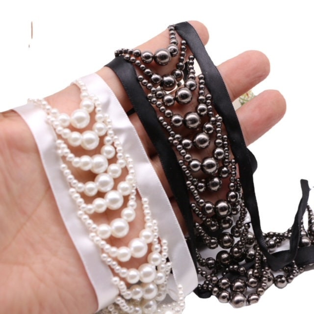White Black Dangling Faux Pearl String Trim on Lace Edge by - Etsy