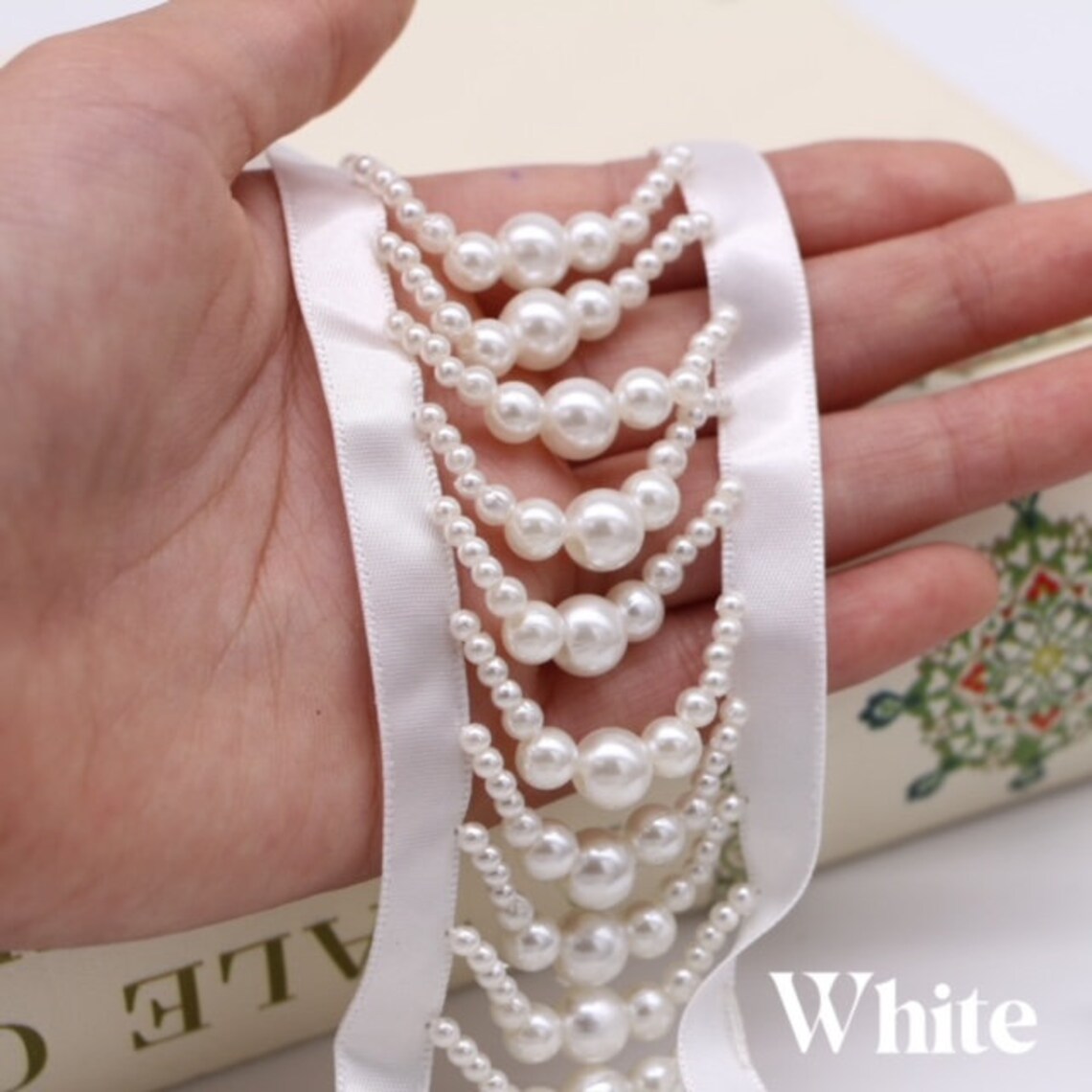 White Black Dangling Faux Pearl String Trim on Lace Edge by - Etsy