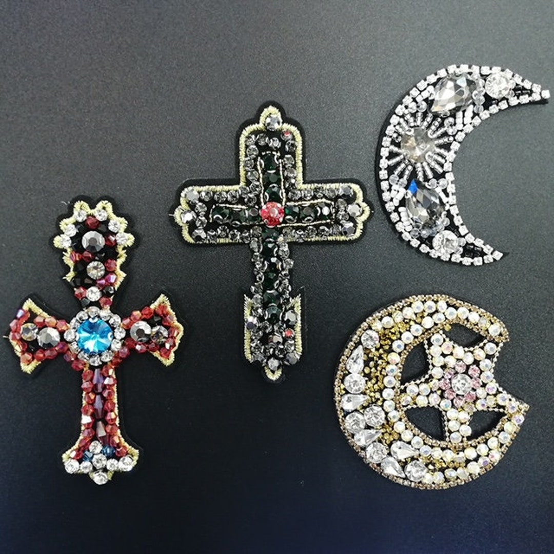 Rhinestone Cross and Moon Embroidery Iron on Patches - Etsy