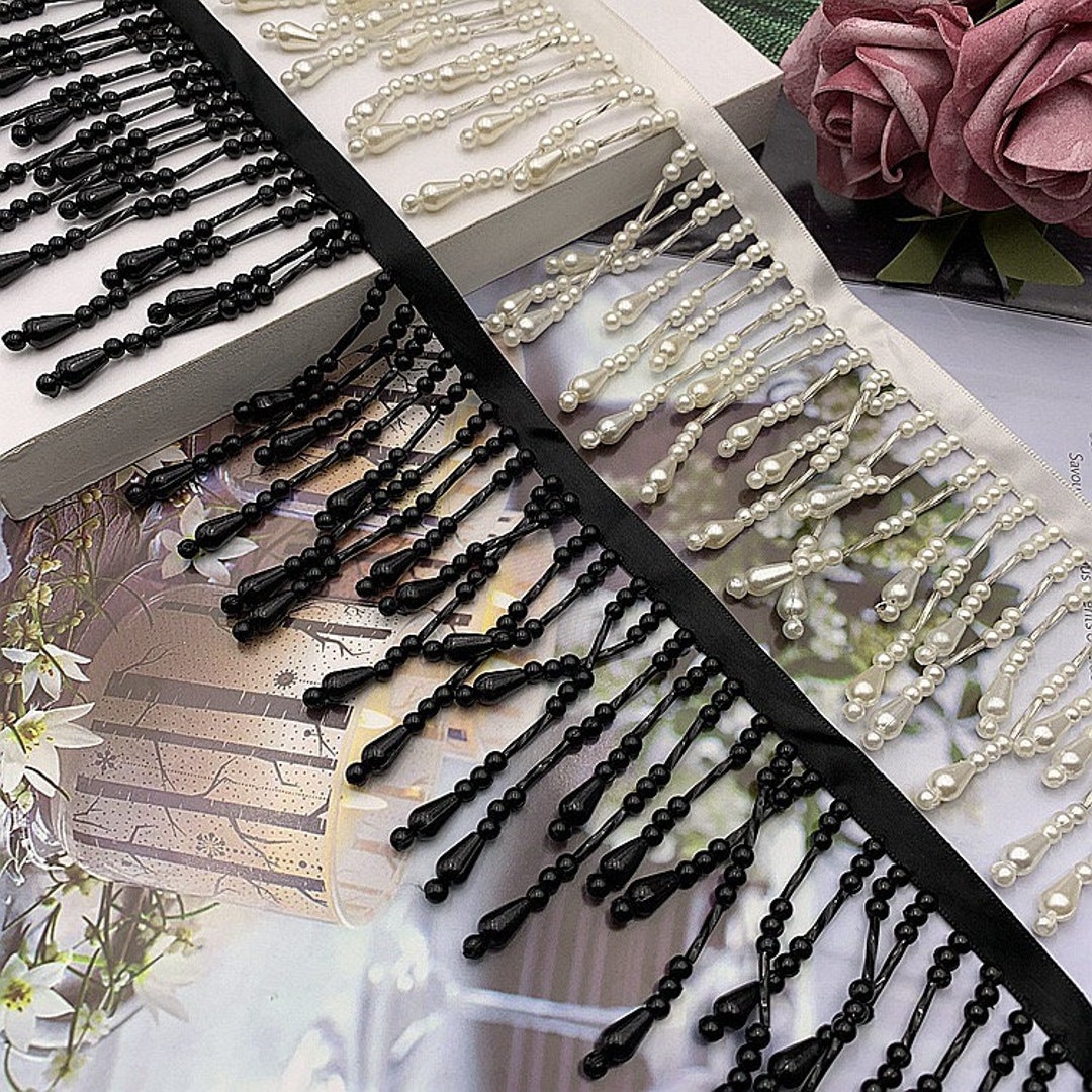 White Black Dangling Pearl String Trim on Lace by Yards, Perfect for ...