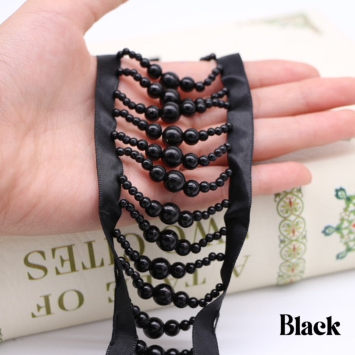 White Black Dangling Faux Pearl String Trim on Lace Edge by Yards ...