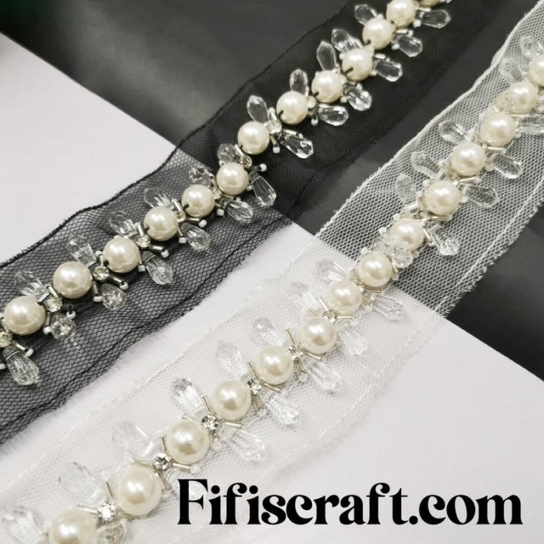 Pearl Trim and Rhinestone on Mesh by Yards, 2 Inches Mesh, 1.5 Inches ...