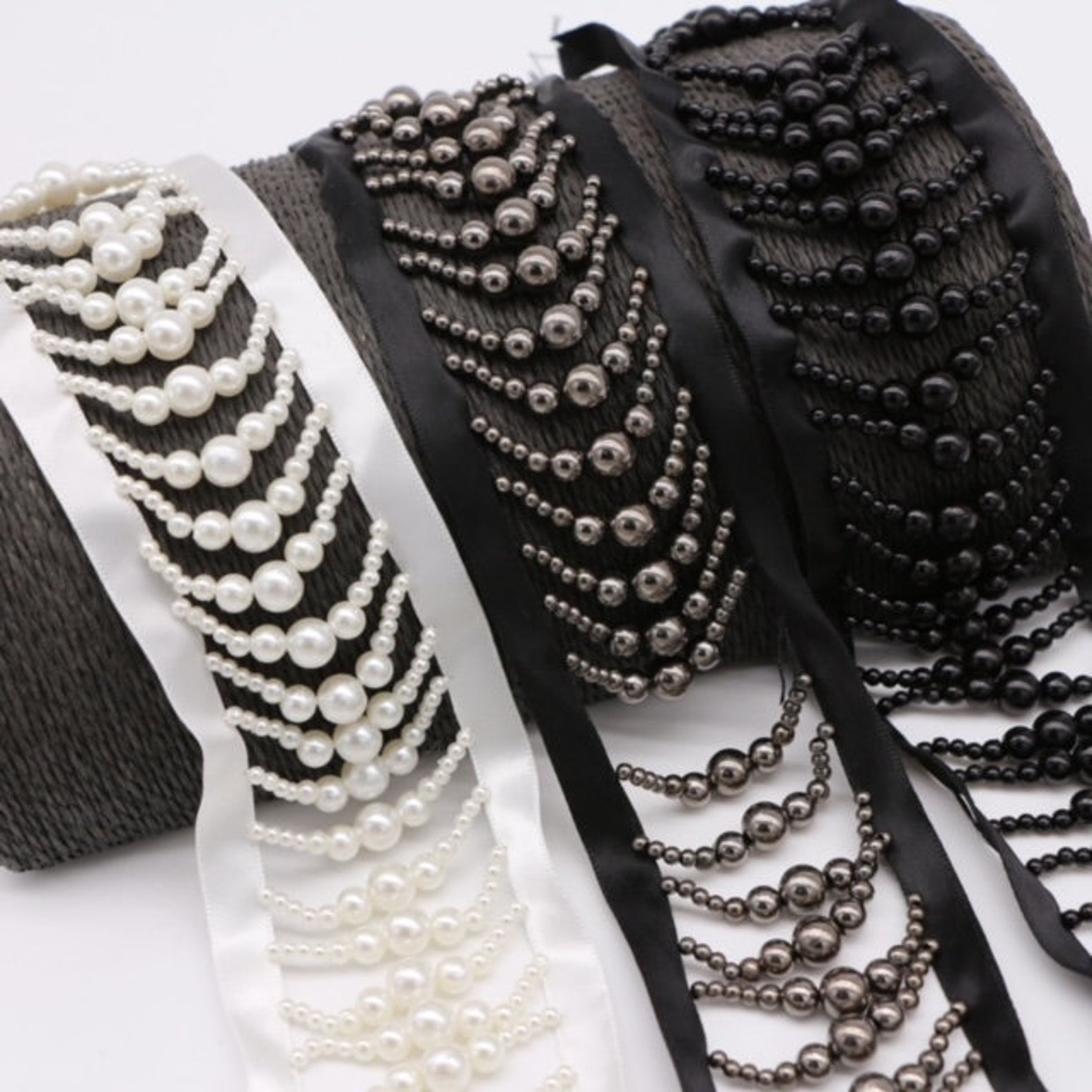 White Black Dangling Faux Pearl String Trim on Lace Edge by Yards ...