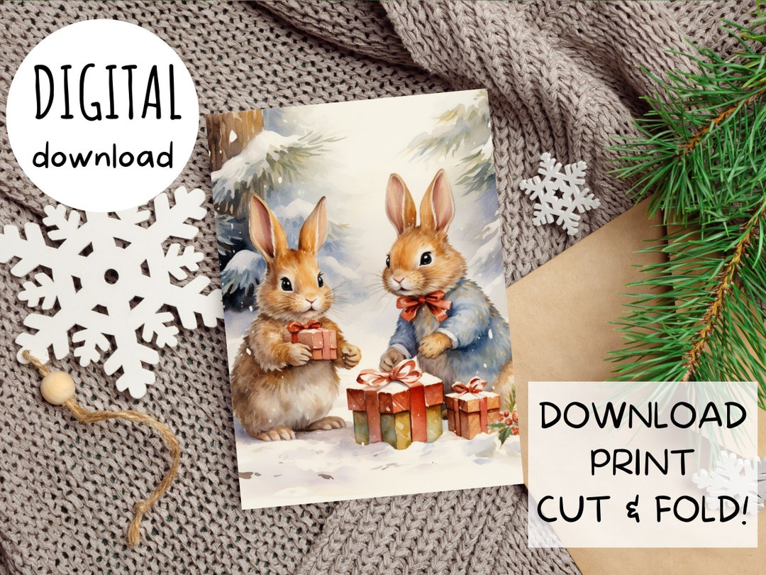 Printable Bunny Christmas Card, Rabbit Greeting Card, Merry Christmas ...