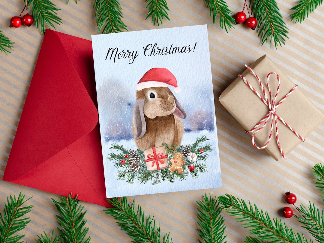 Printable Bunny Christmas Card, Rabbit Greeting Card, Merry Christmas ...
