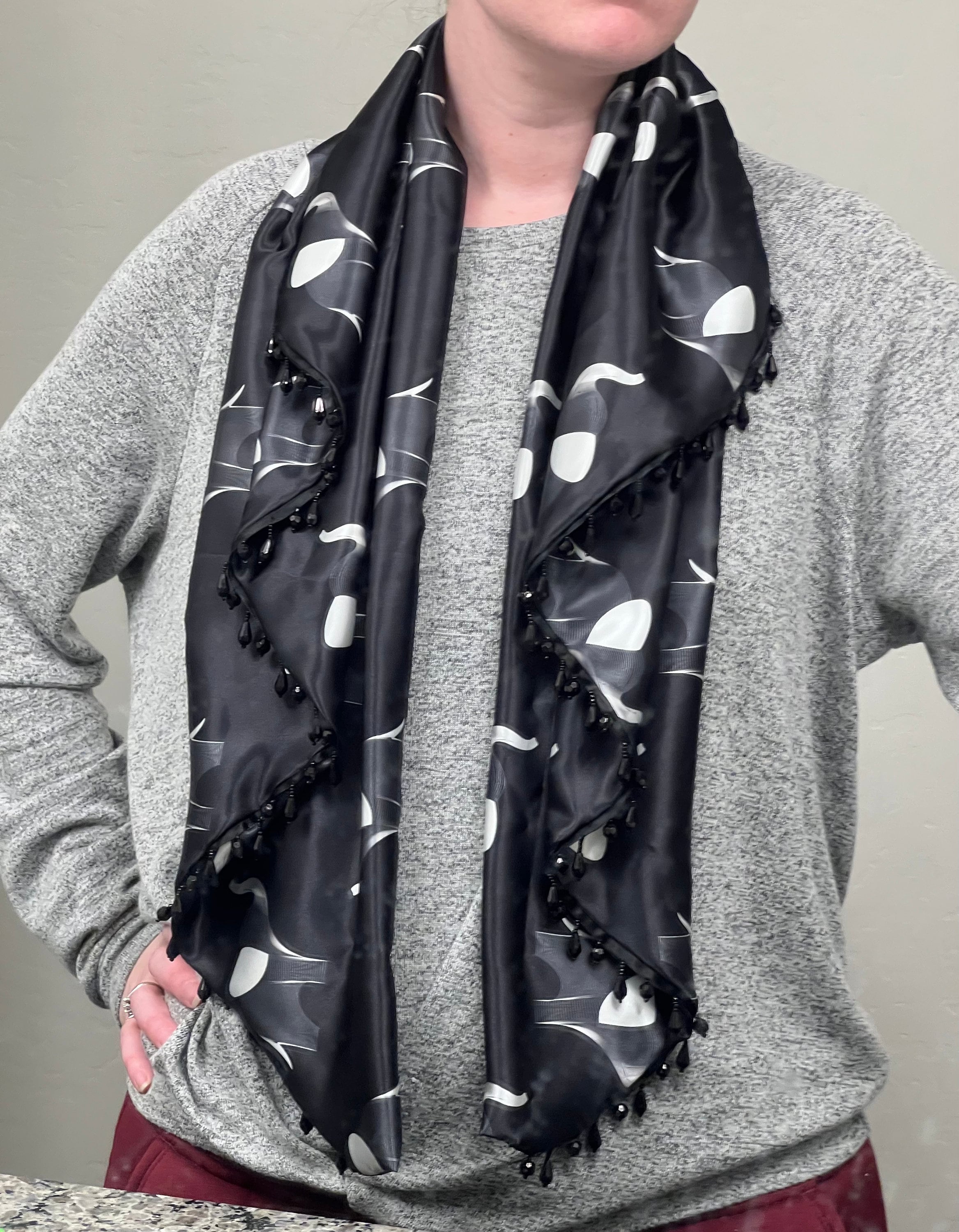 White Elephant Scarf: Black Satin Shawl-style Scarf With White Line ...