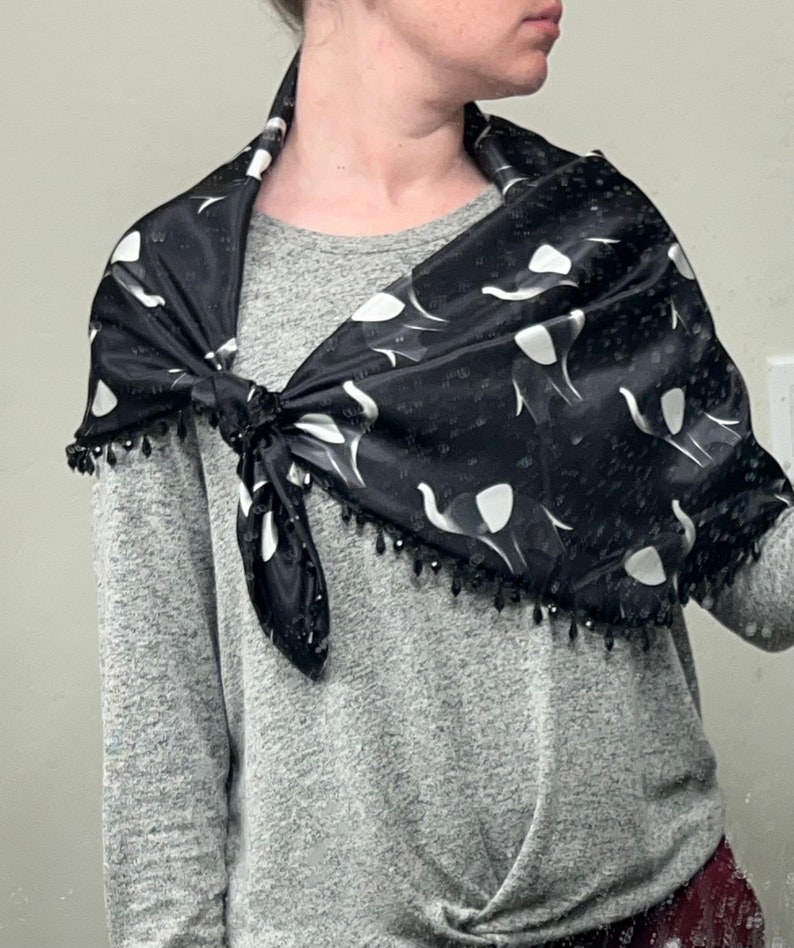 White Elephant Scarf: Black Satin Shawl-style Scarf With White Line ...