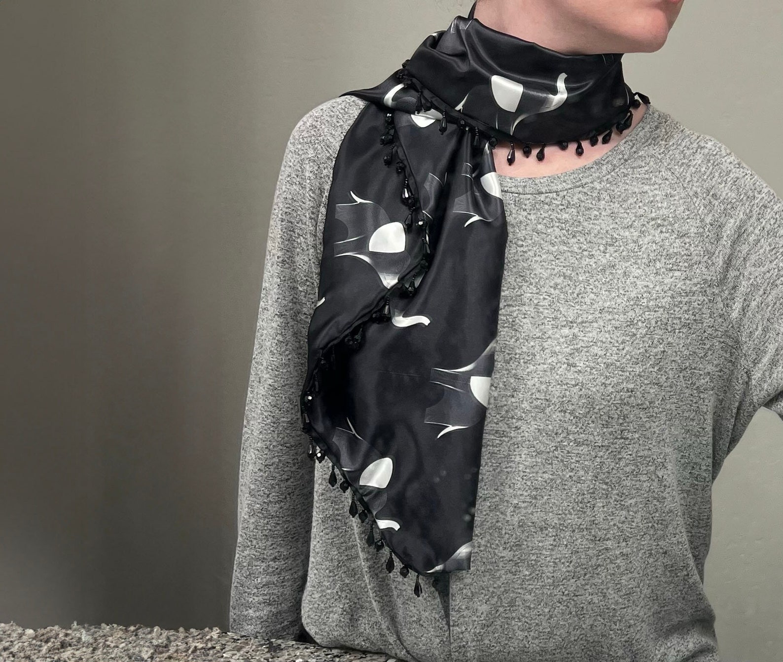 White Elephant Scarf: Black Satin Shawl-style Scarf With White Line ...