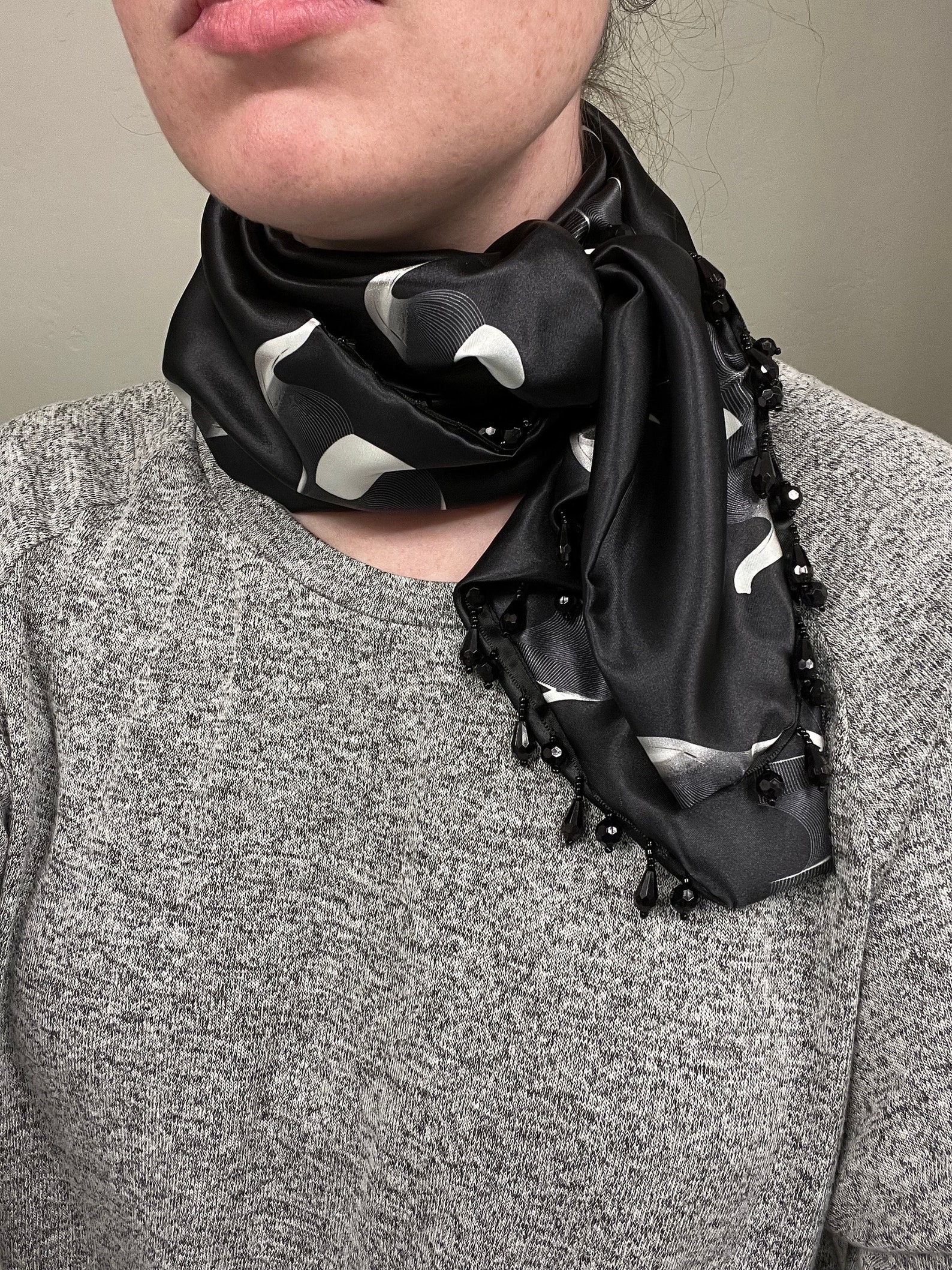 White Elephant Scarf: Black Satin Shawl-style Scarf With White Line ...