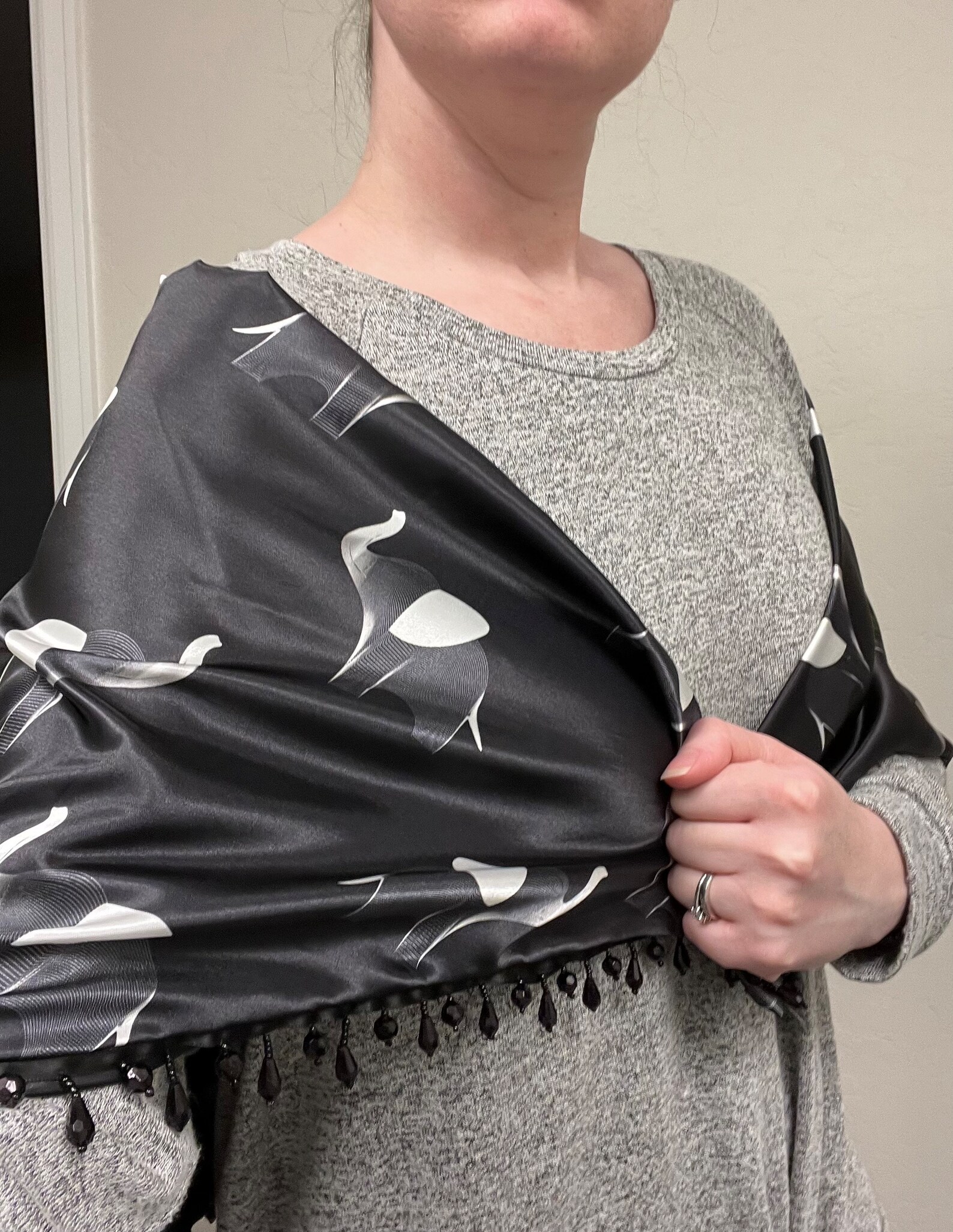 Black Satin Elephant Scarf: Beaded Shawl, White Elephant Gift - Etsy