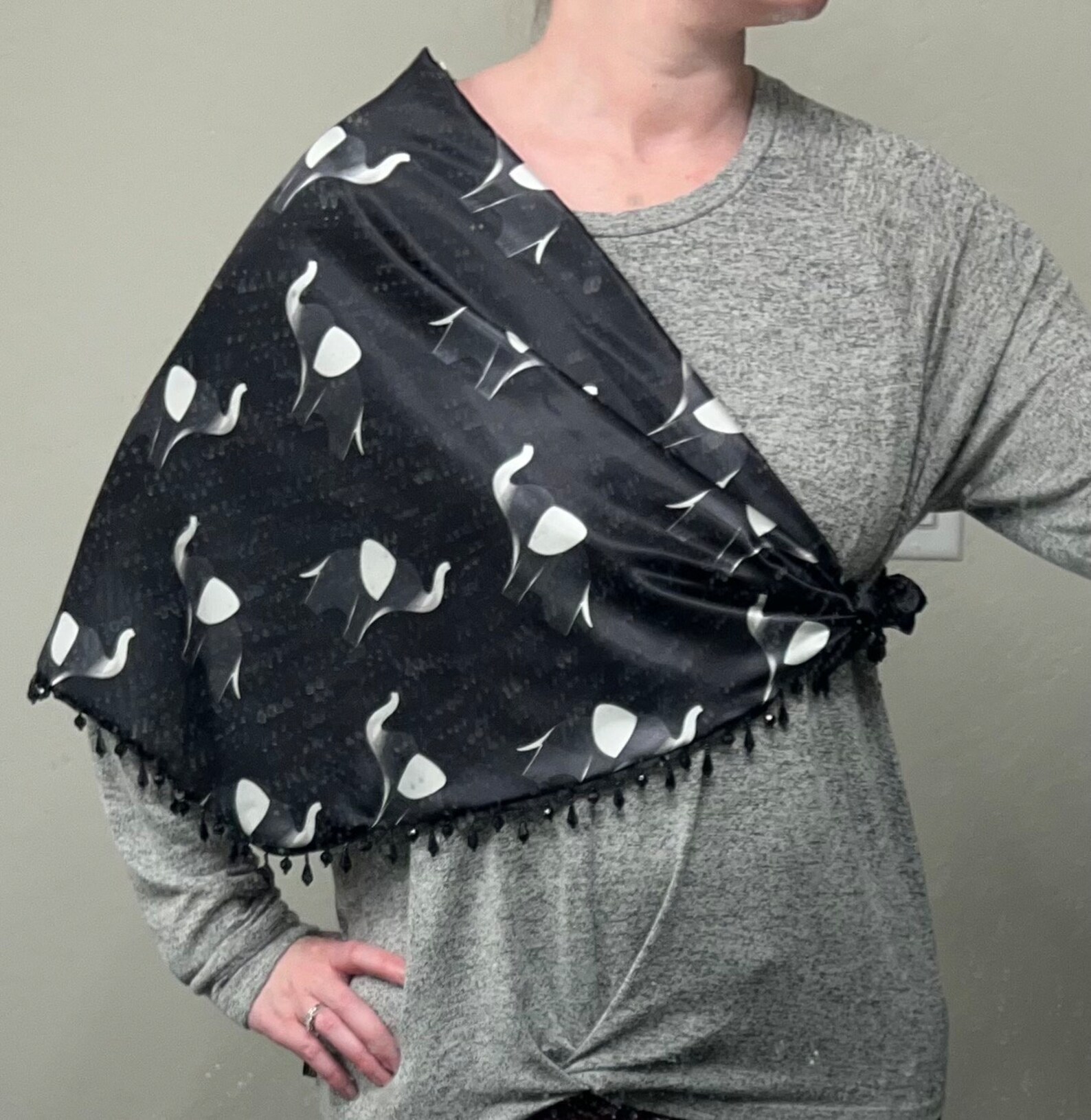 White Elephant Scarf: Black Satin Shawl-style Scarf With White Line ...