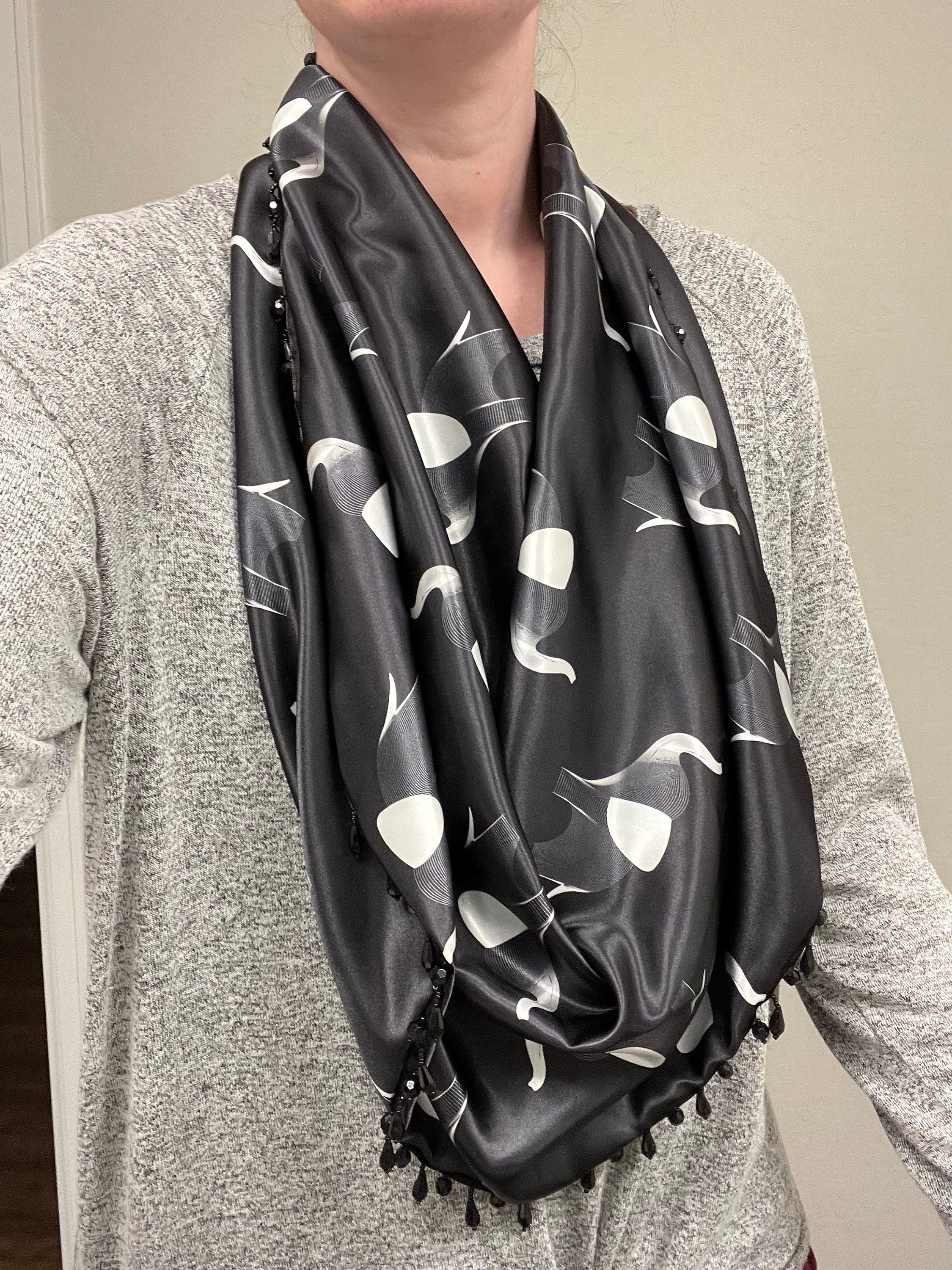 White Elephant Scarf: Black Satin Shawl-style Scarf With White Line ...