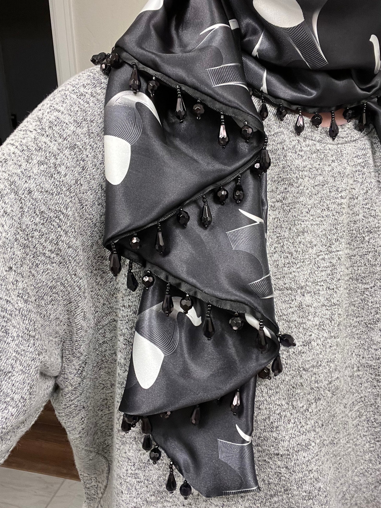 White Elephant Scarf: Black Satin Shawl-style Scarf With White Line ...