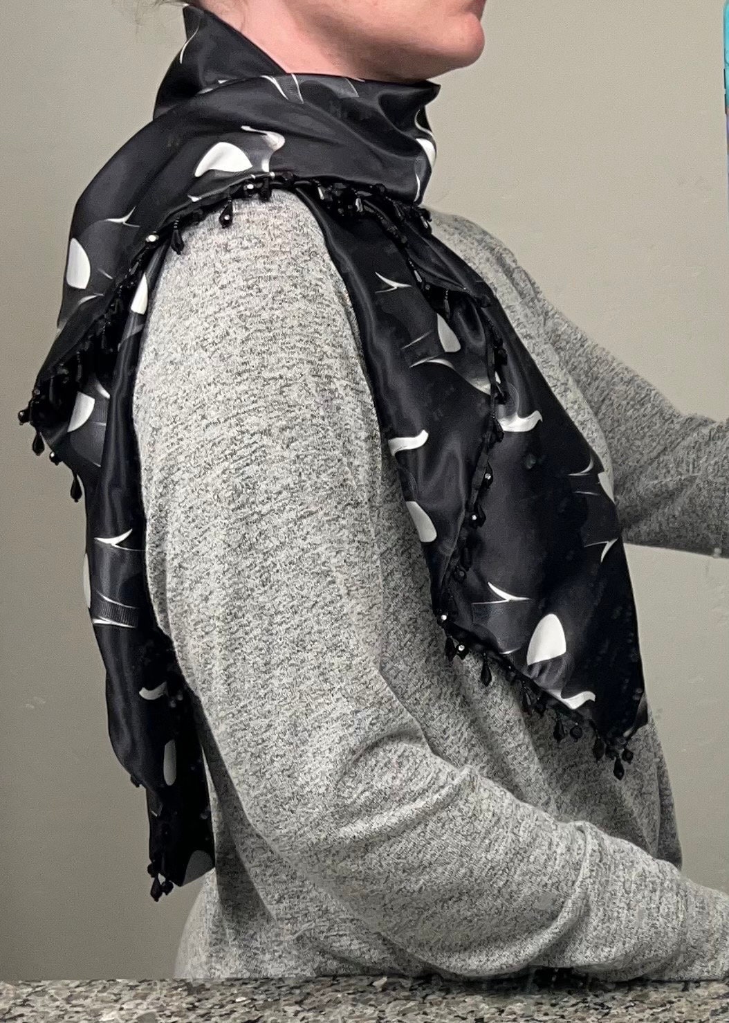 White Elephant Scarf: Black Satin Shawl-style Scarf With White Line ...