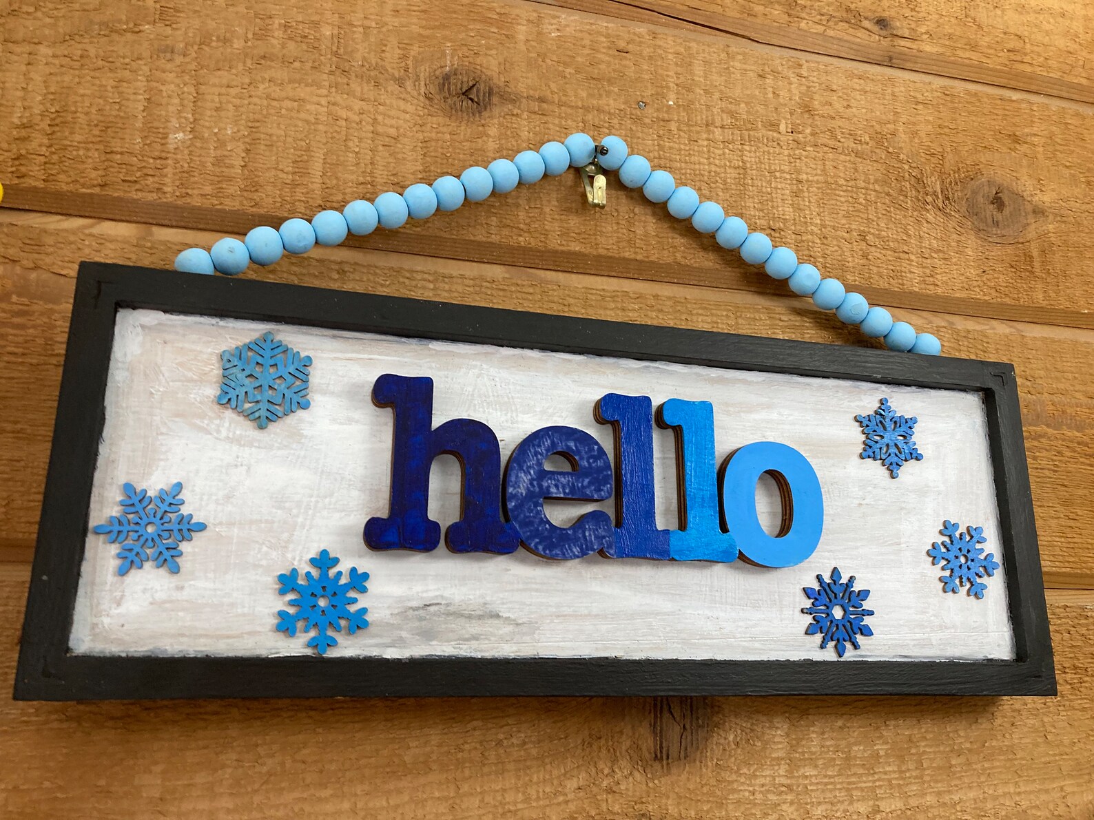 Rectangular Handmade Wood HELLO Sign With Beaded Hanger, for Winter ...