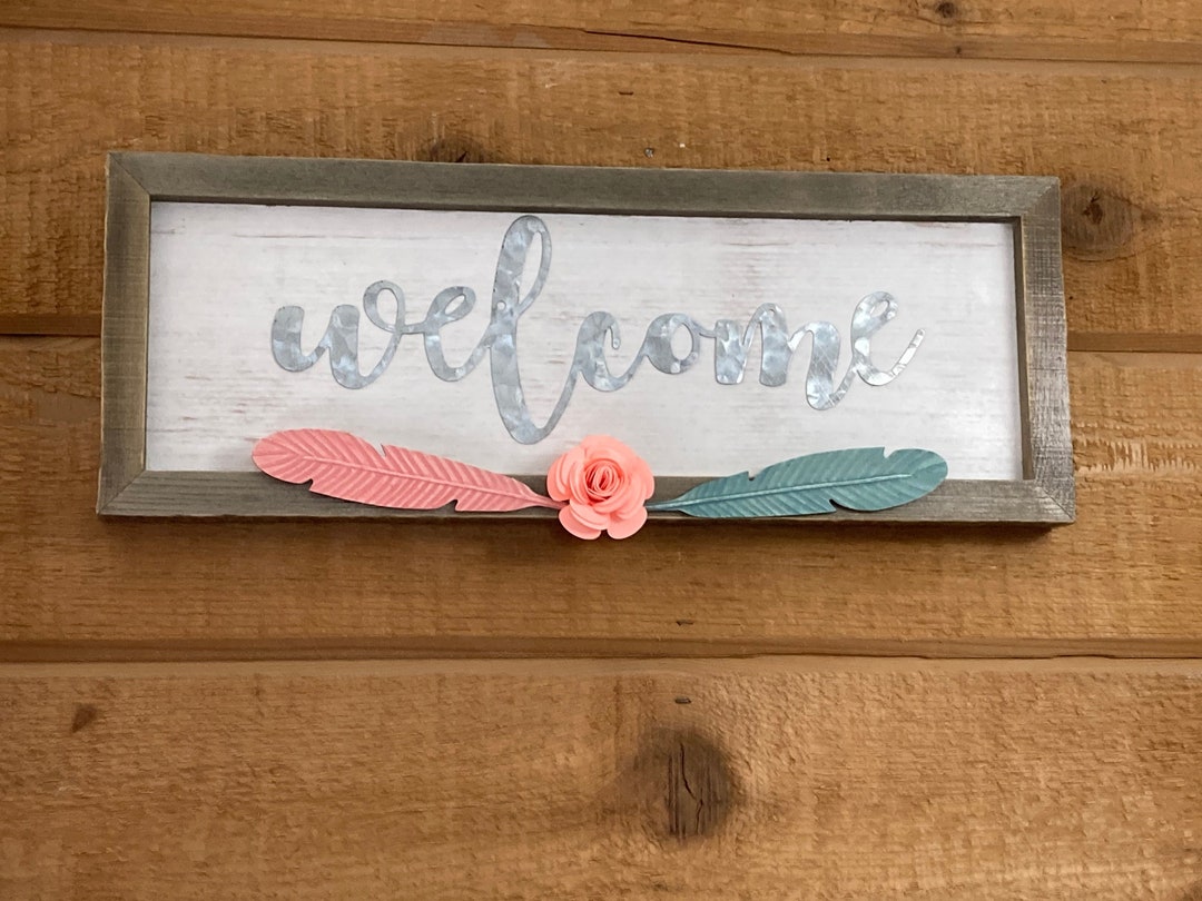 Handmade Wood Rectangular Welcome Sign With Wood Feathers and Flower ...