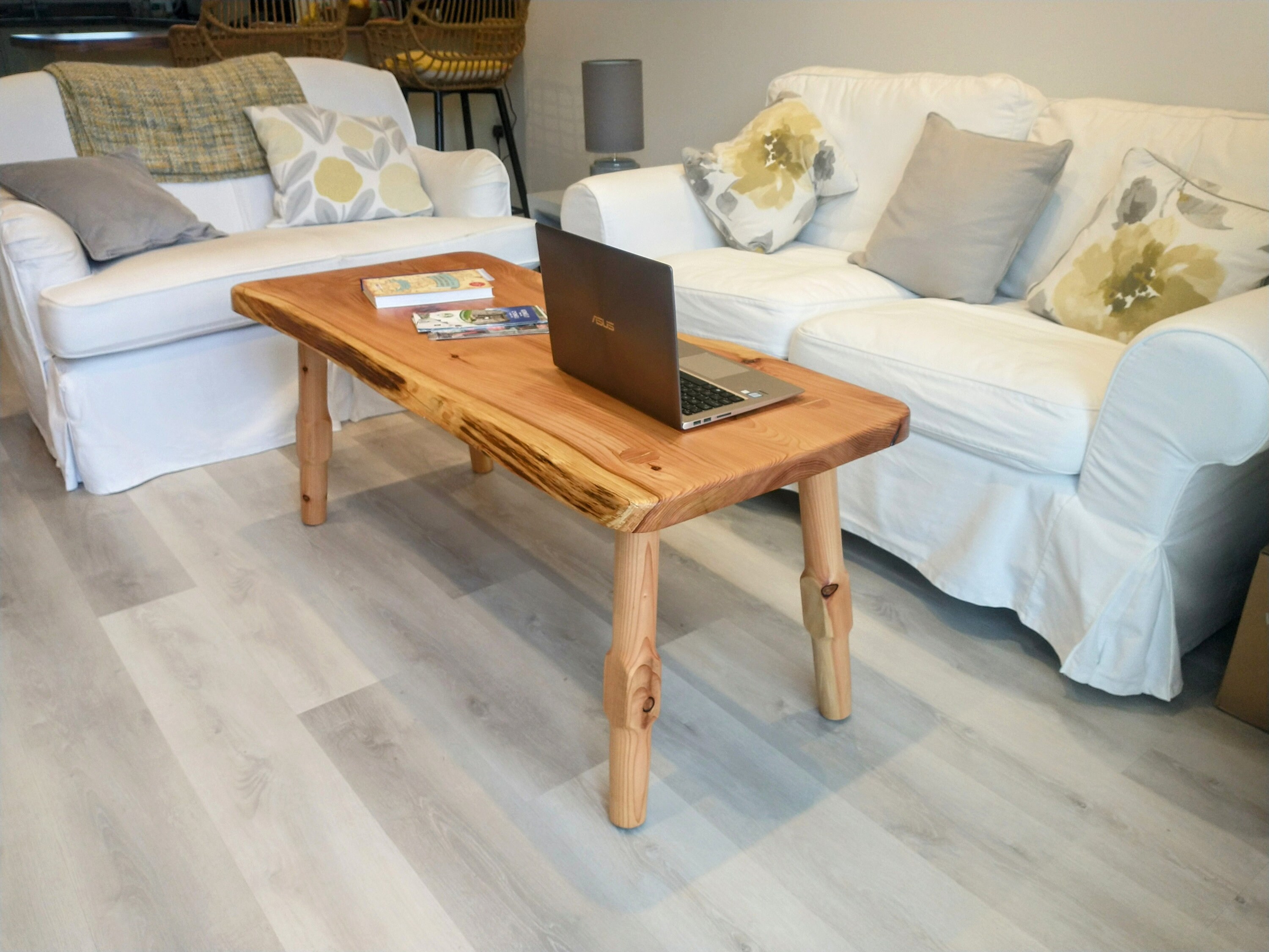 Red Cedar Live Edge Slab Coffee Table With Hand Turned through the Tabletop Legs - Etsy UK