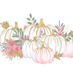 Pink White and Gold Watercolor Pumpkins Clip Art - Sparkling Gold ...