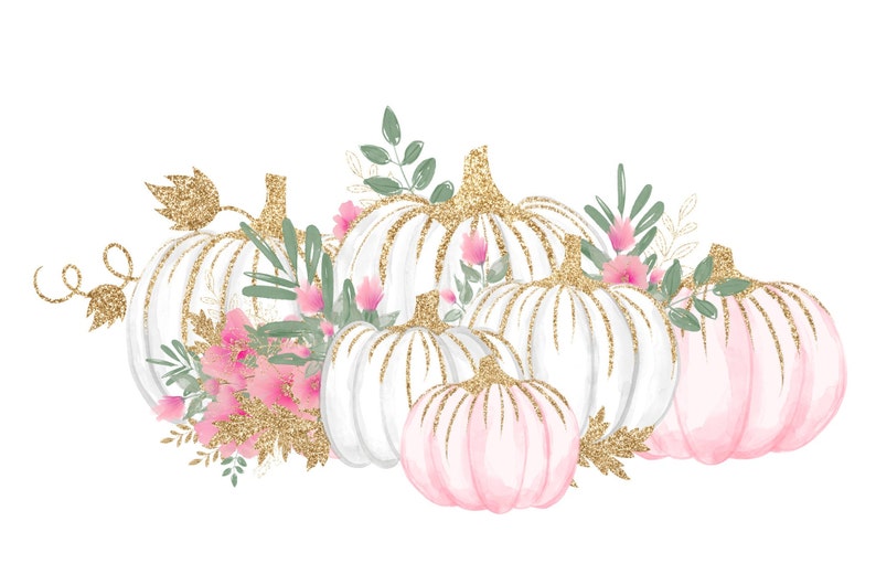 Pink White and Gold Watercolor Pumpkins Clip Art - Sparkling Gold ...