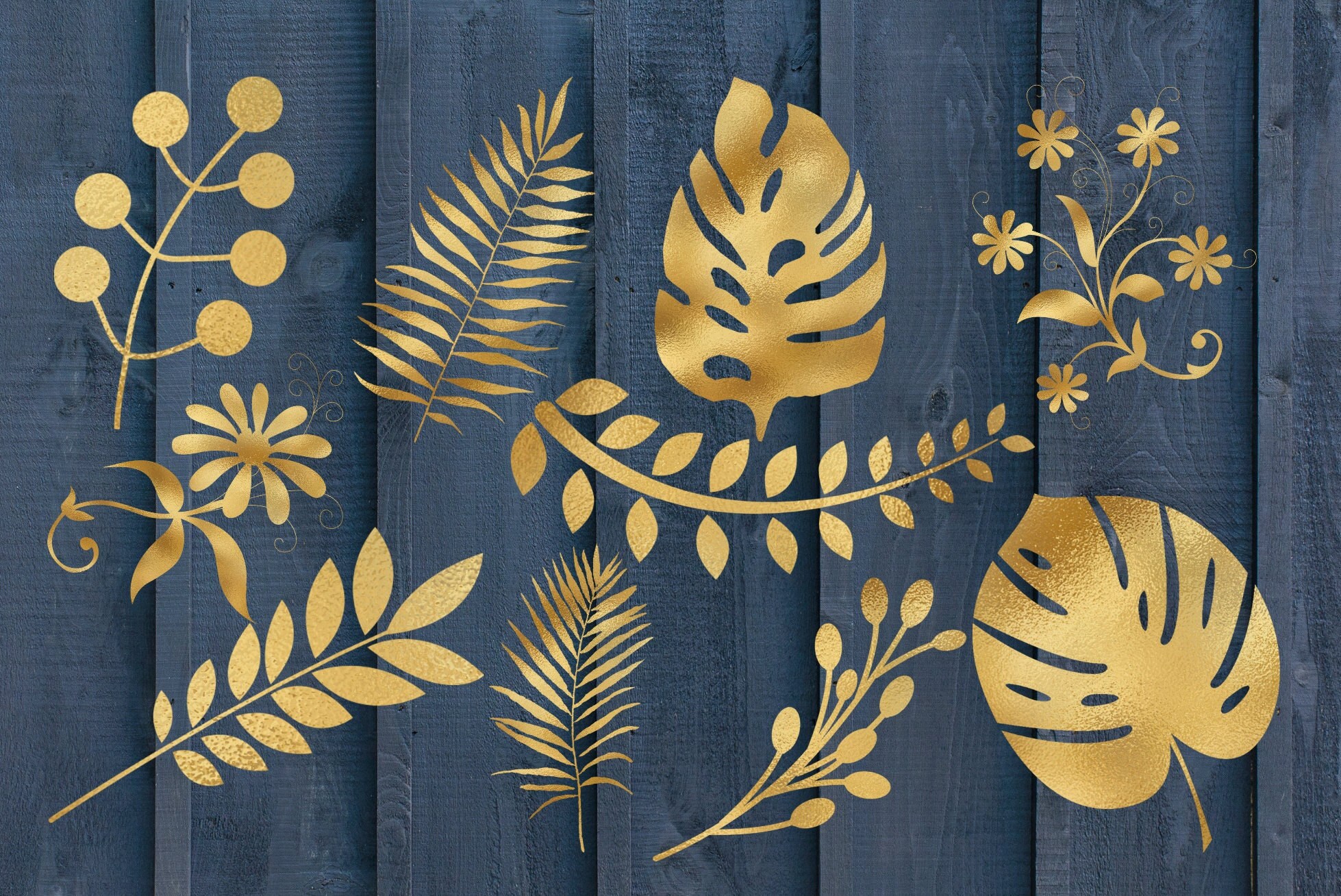 Gold Tropical Leaves Clip Art, Botanical, Monstera, Golden Foil ...