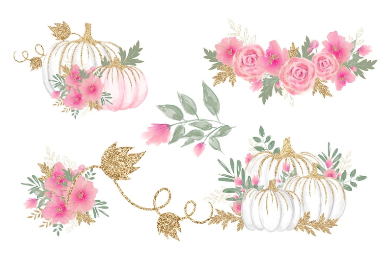Pink White and Gold Watercolor Pumpkins Clip Art - Sparkling Gold ...