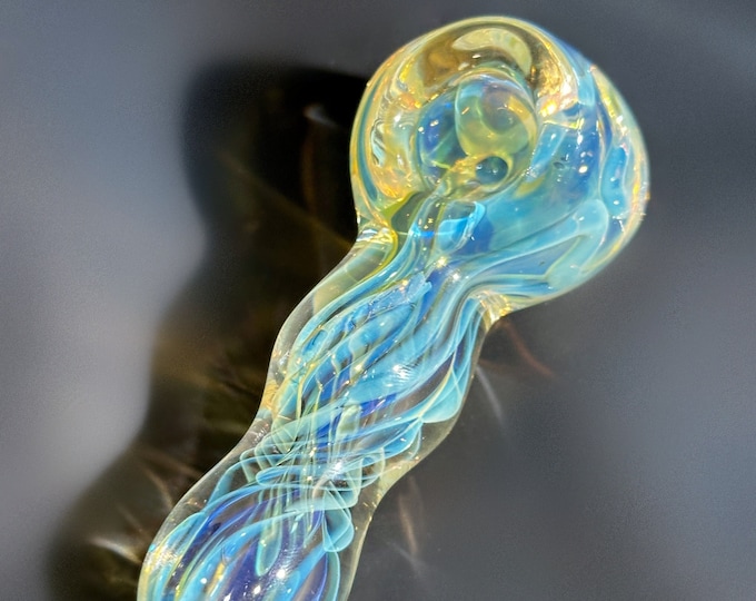 Yellow and Blue Fumed Glass Pipe Handmade Unique Golden Heady ...
