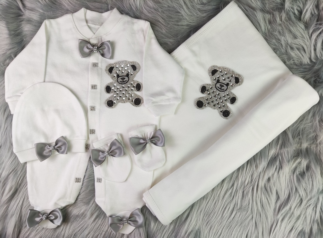 Grey Personalized Teddy Bear Take Home Outfit Baby Coming Home Crown ...