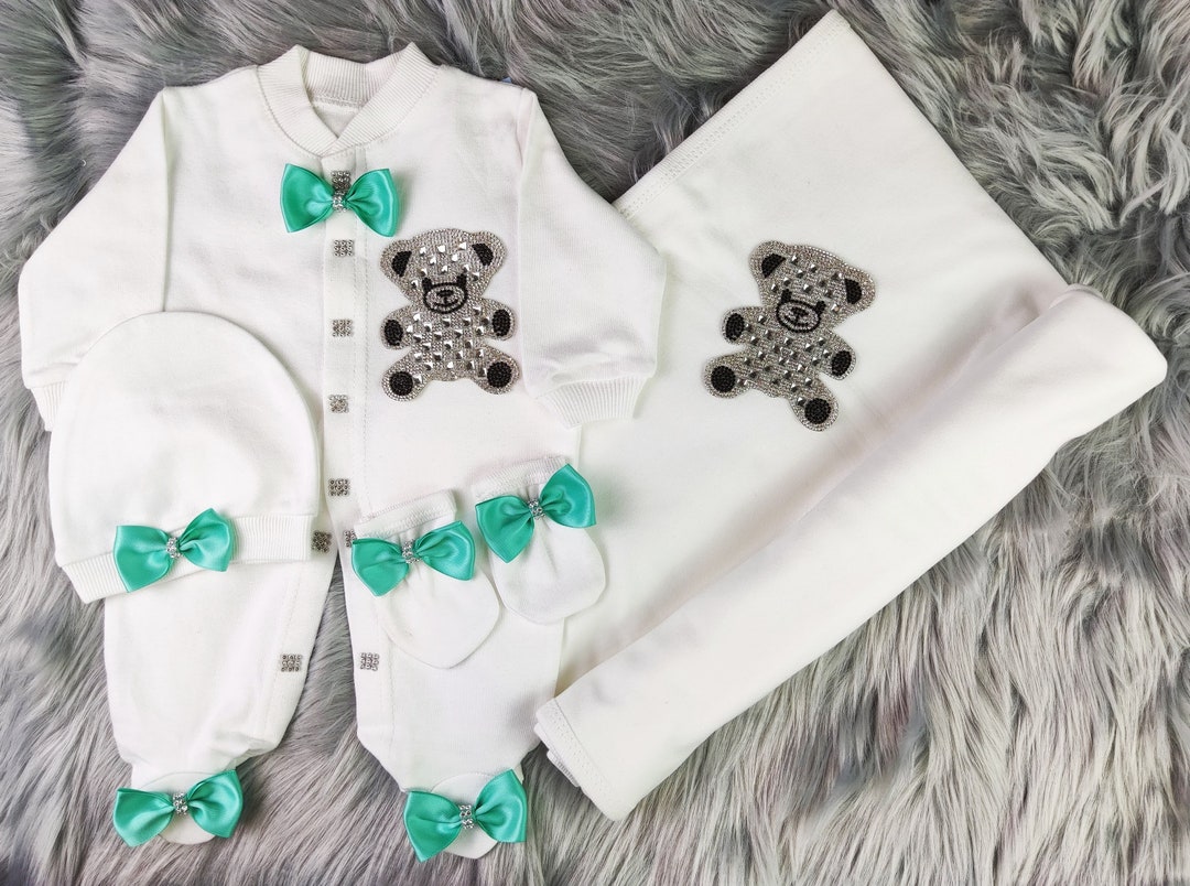 Green Personalized Teddy Bear Take Home Outfit Baby Coming Home Crown ...