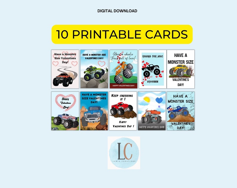 10 Printable Monster Truck Valentine Cards, School Valentines Day Party ...