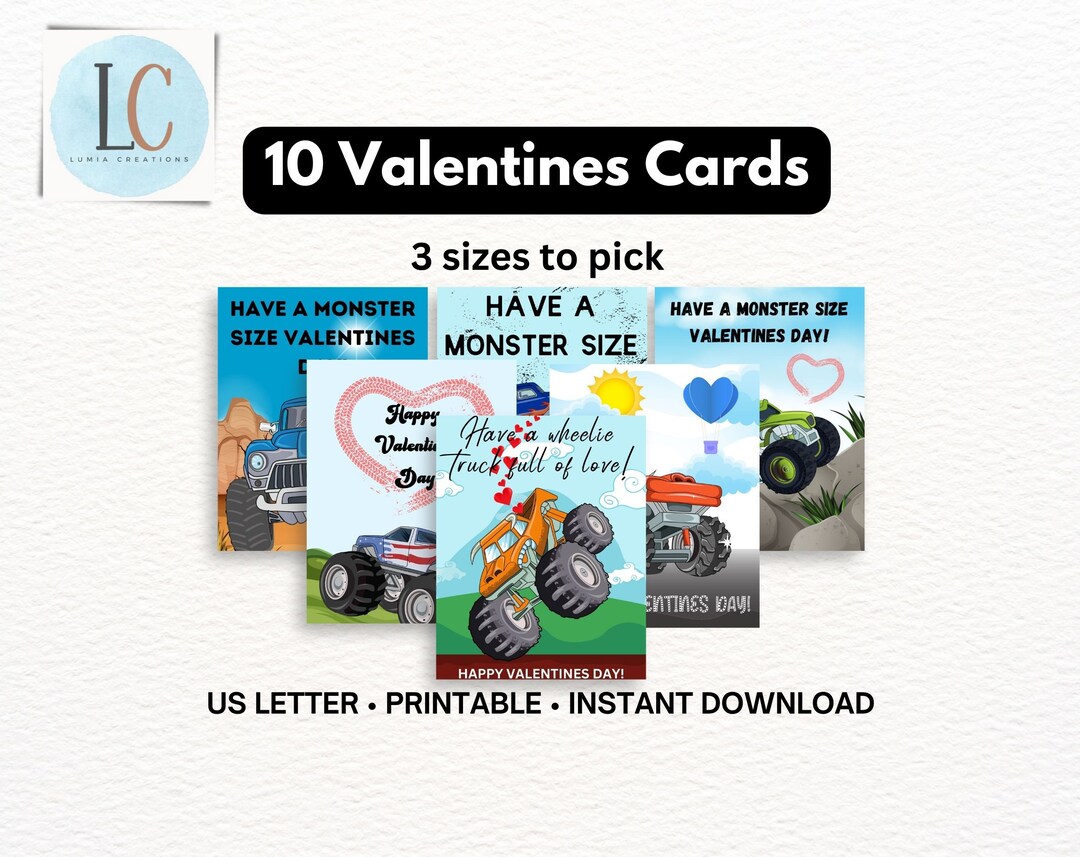 10 Printable Monster Truck Valentine Cards, School Valentines Day Party ...