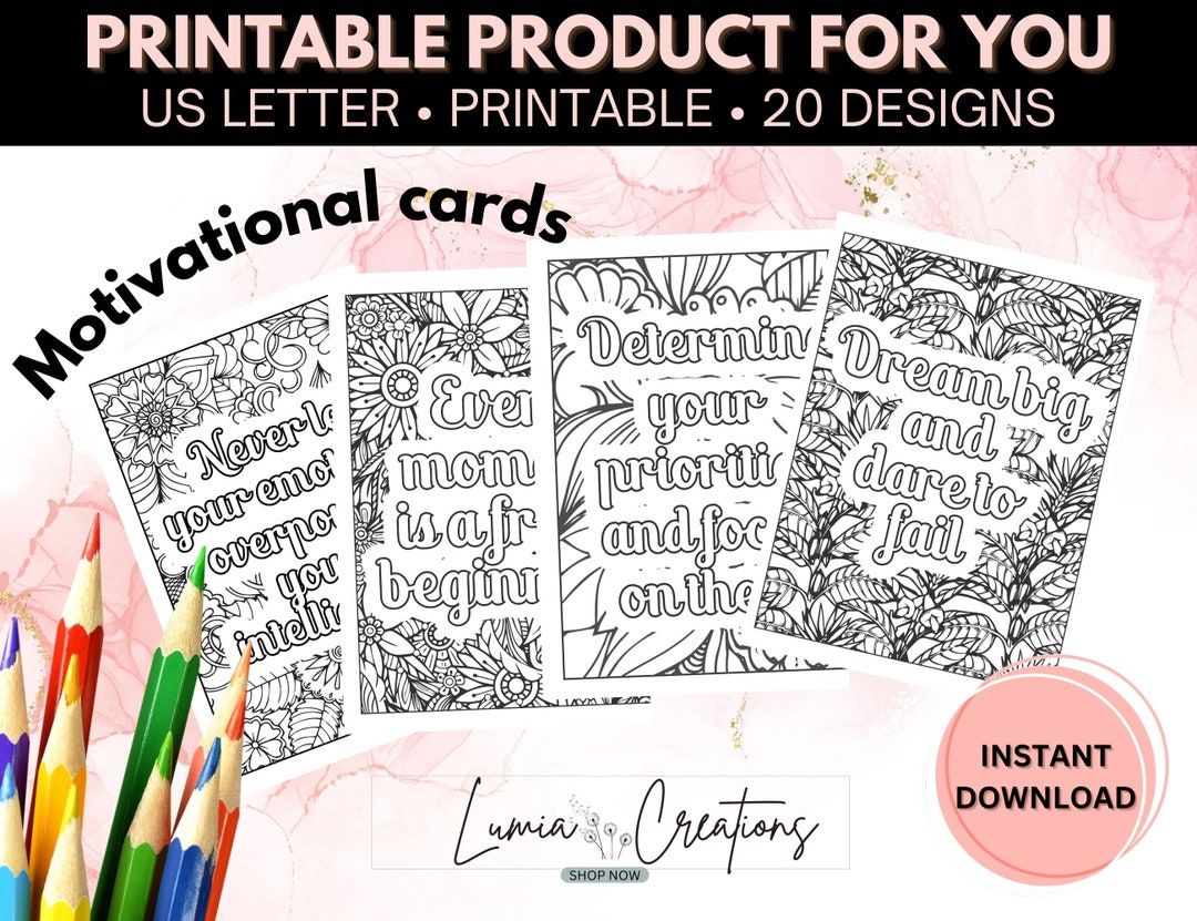 20 Motivational Adult Coloring Cards, Pocket Size Encouragement Cards ...