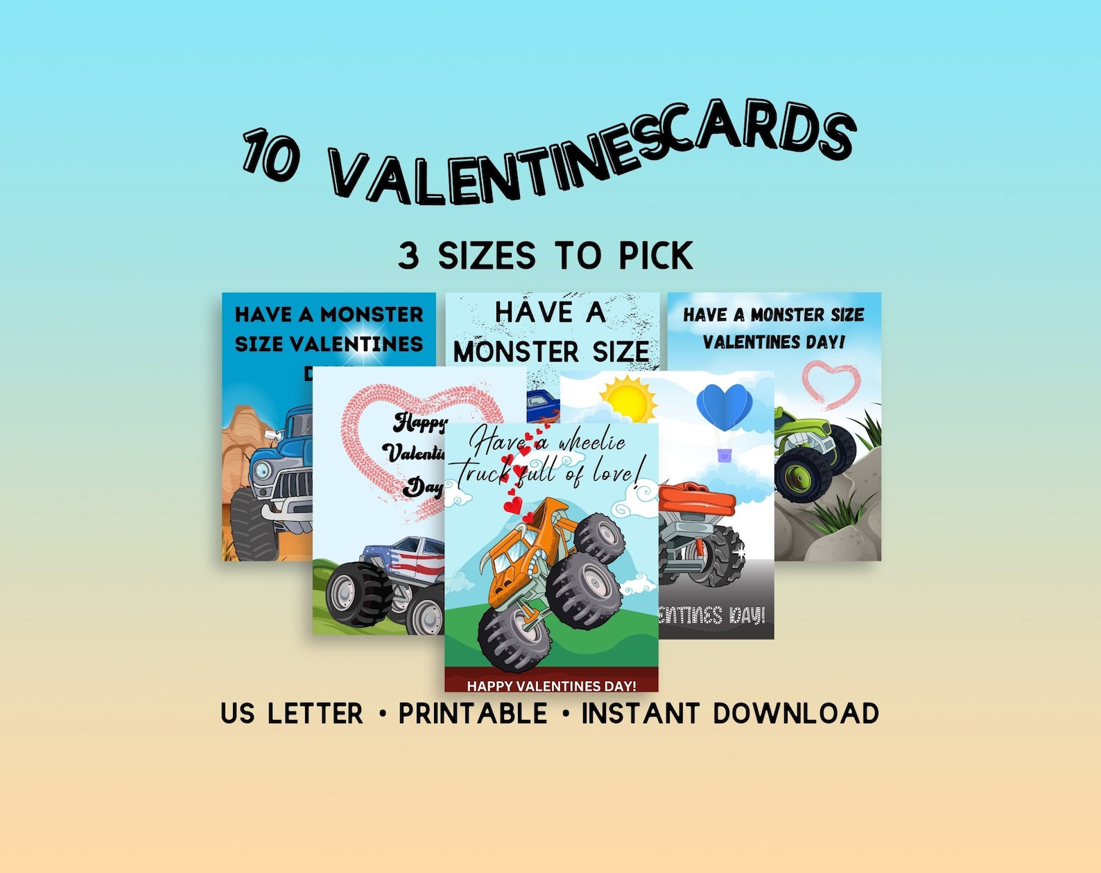 10 Printable Monster Truck Valentine Cards, School Valentines Day Party ...