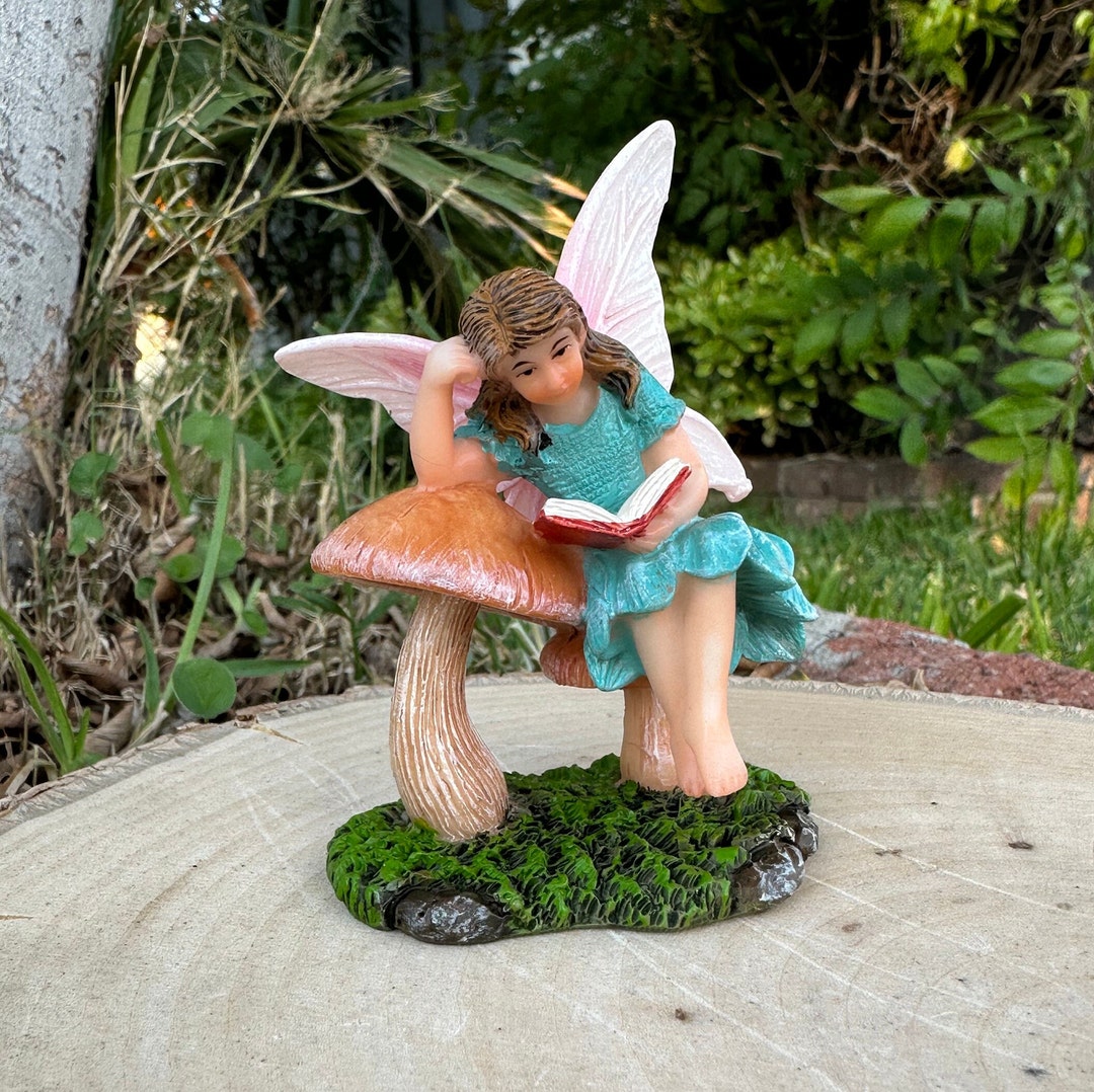 Whimsical Book Reading Fairy Sitting on Mushroom, Fairy Garden ...