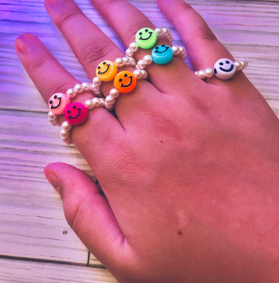 Preppy Fashion Rings / Happy Face Rings / Beaded Rings / 6pack - Etsy