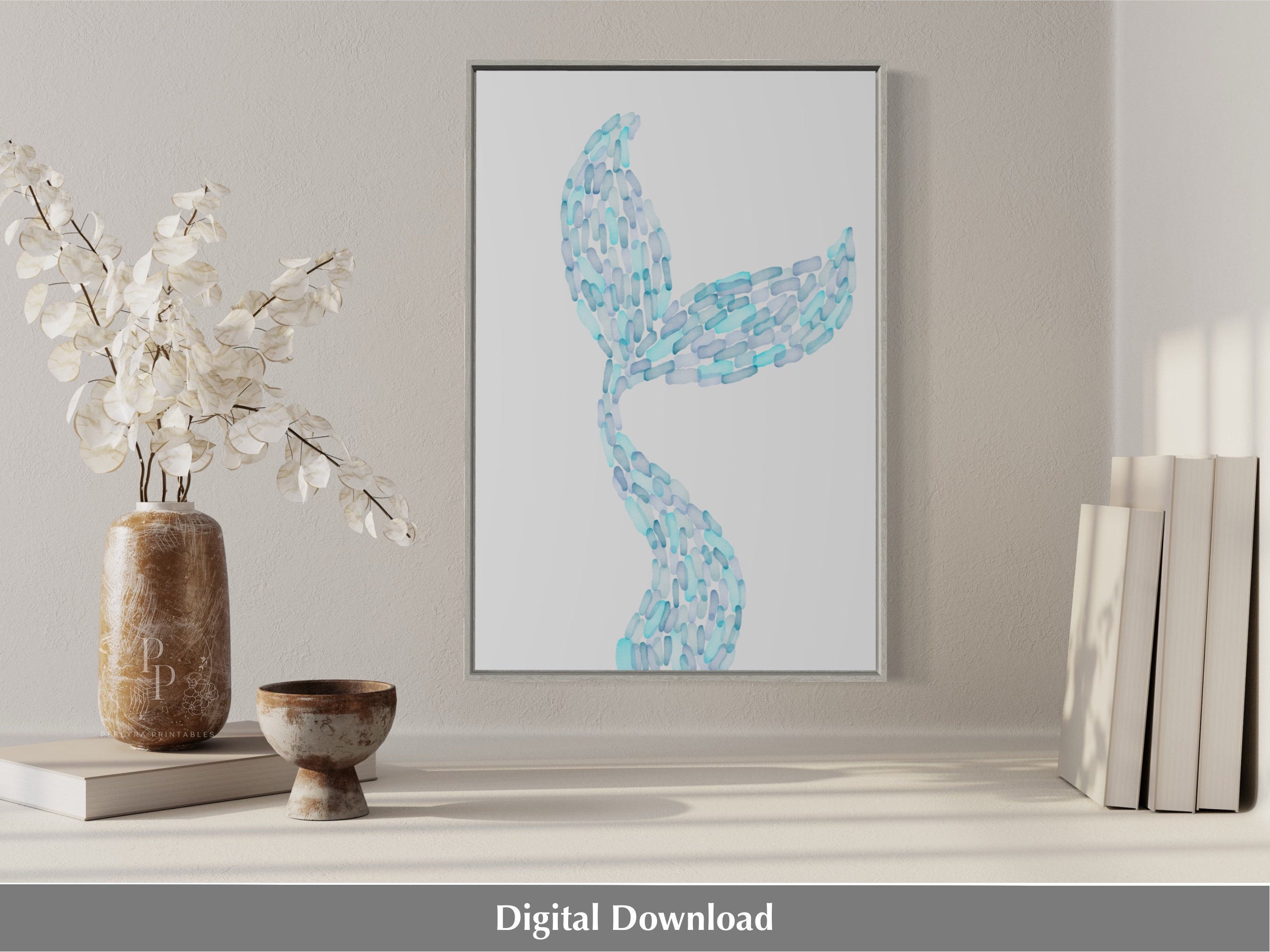 Blue Mermaid Watercolor Mosaic, Watercolor Sea Glass PRINTABLE Wall Art ...