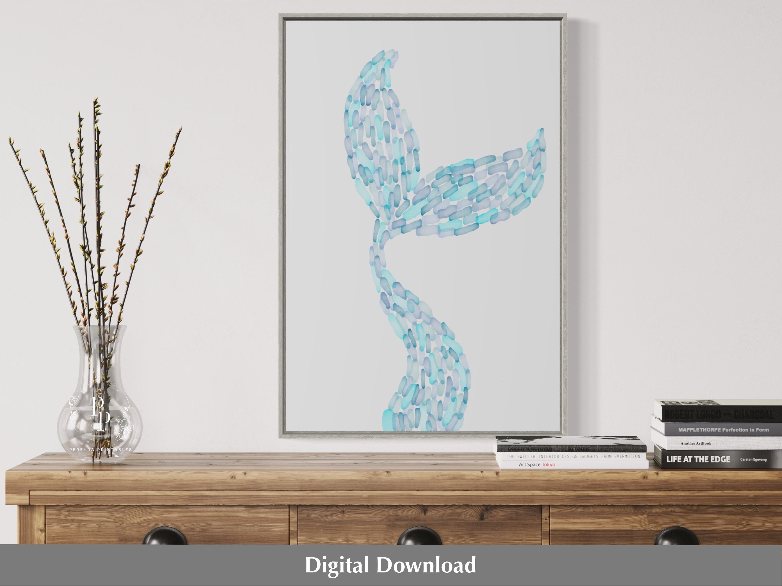 Blue Mermaid Watercolor Mosaic, Watercolor Sea Glass PRINTABLE Wall Art ...