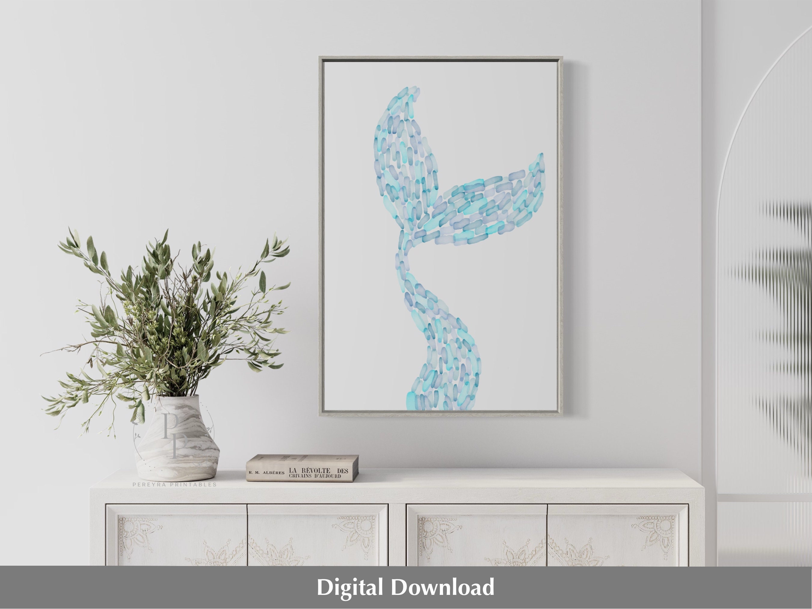 Blue Mermaid Watercolor Mosaic, Watercolor Sea Glass PRINTABLE Wall Art ...