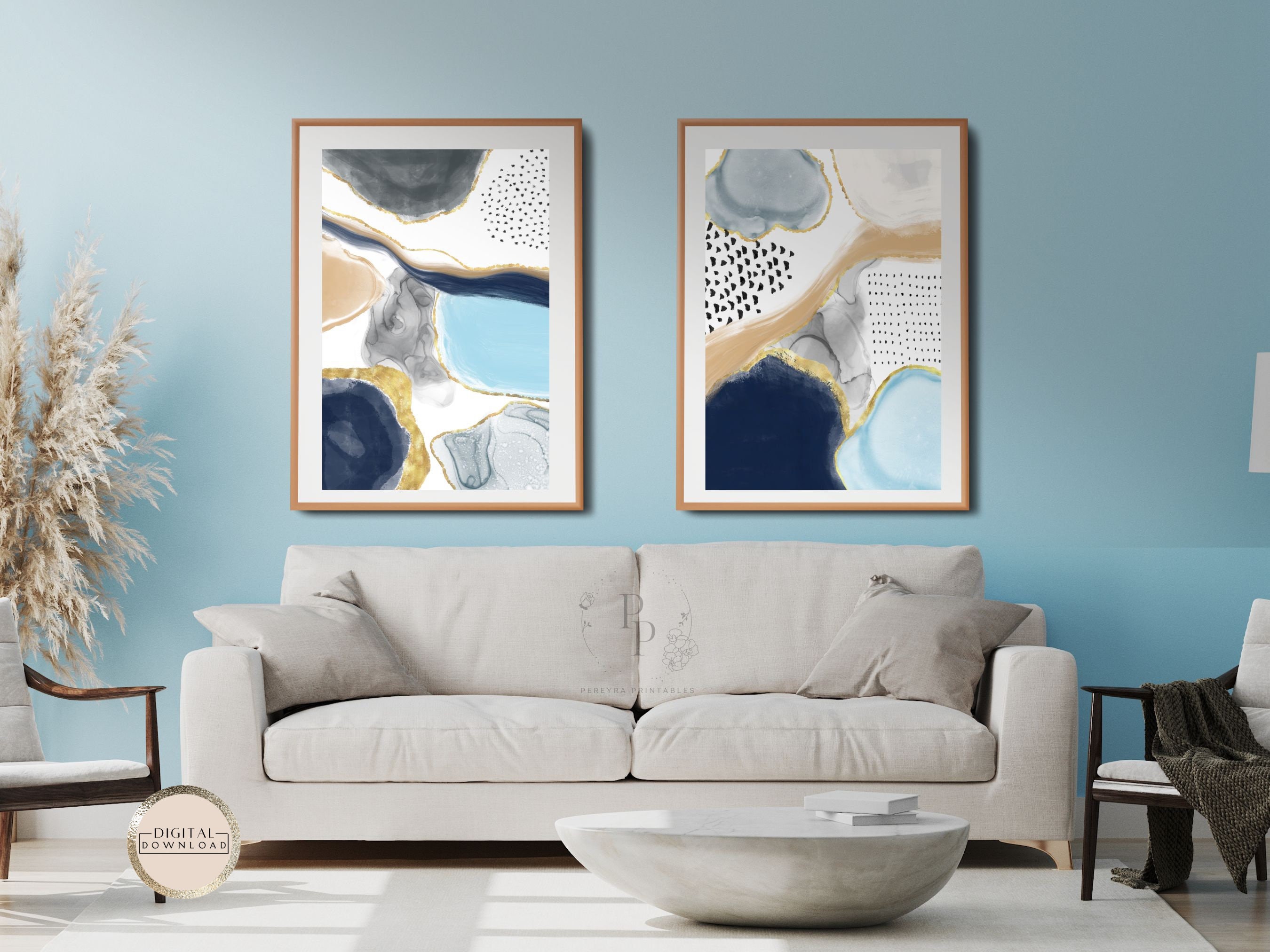 2 Piece Navy Blue Abstract, Printable Wall Art, Blue Watercolor, 2 Set ...